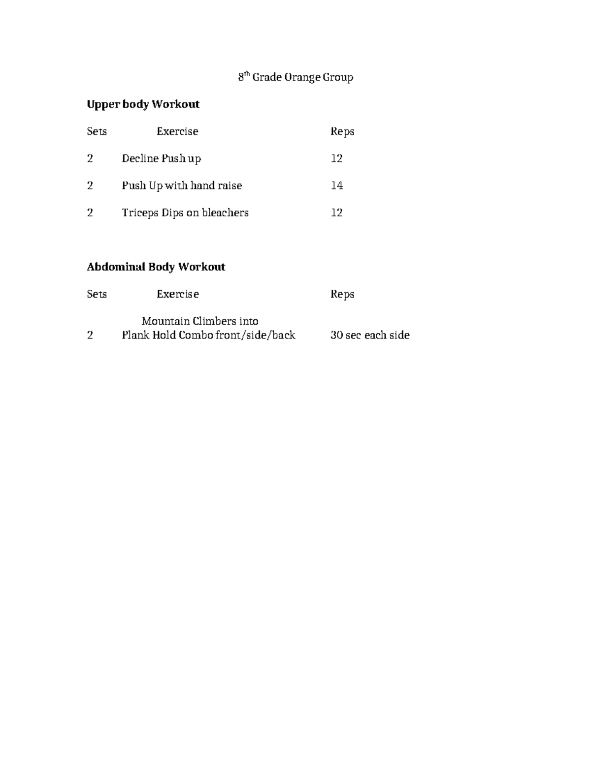 8th Grade Orange Group Upper & Abdominal Workout Plan - 727717263 - Studocu