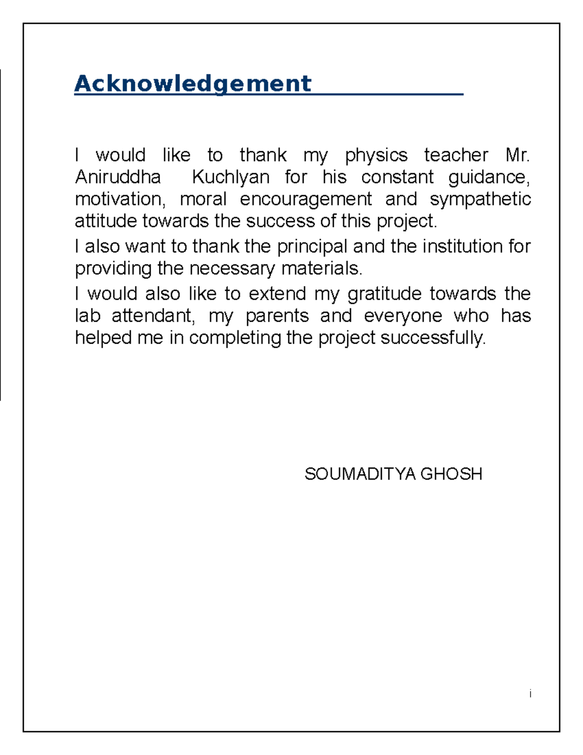 Physics investigatory project final cut - Acknowledgement I would like ...