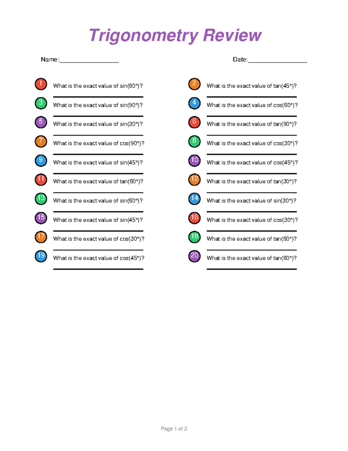 Trigonometry Review 4: Exact Values and Answer Key - Studocu