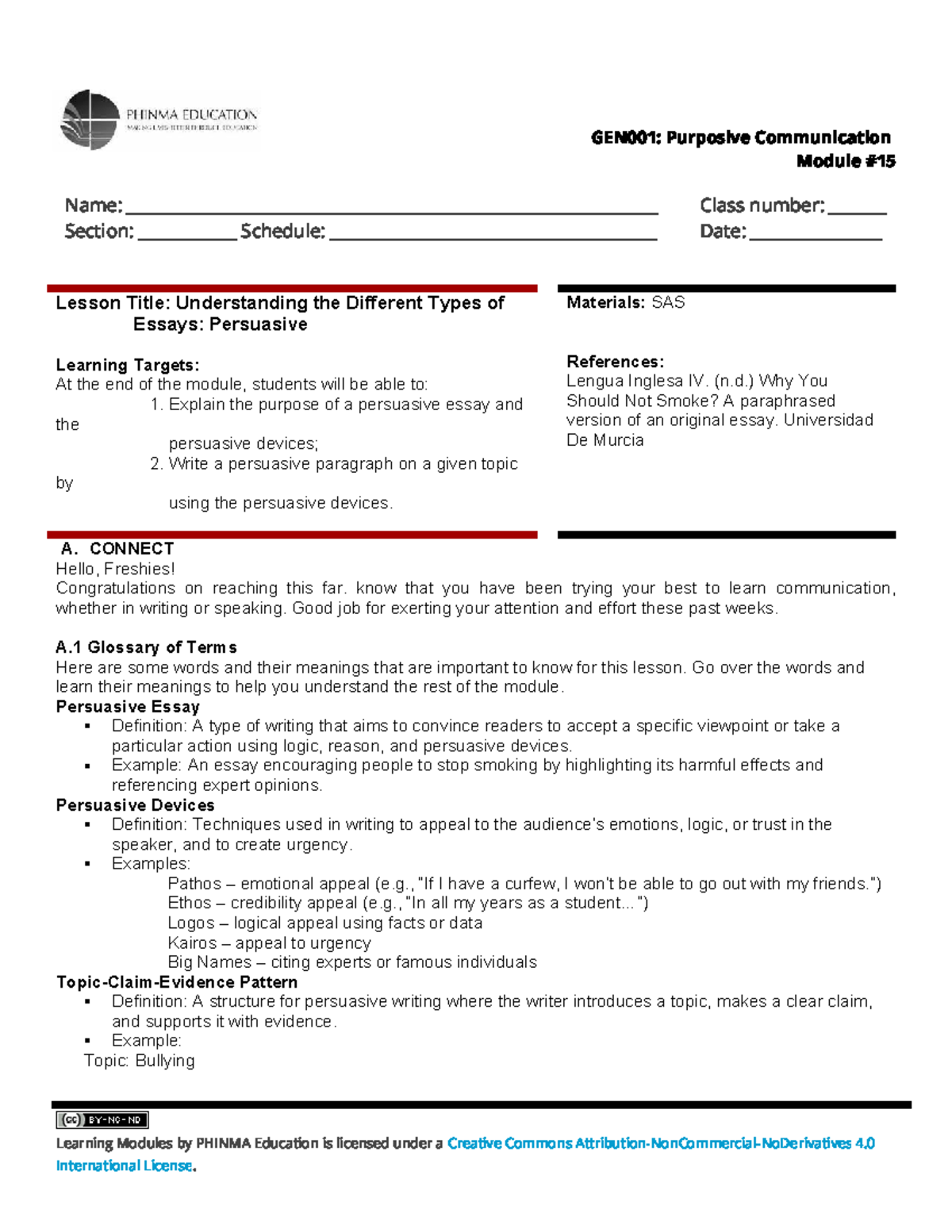 Understanding Persuasive Essays: GEN001 Purposive Comm. Module - Studocu