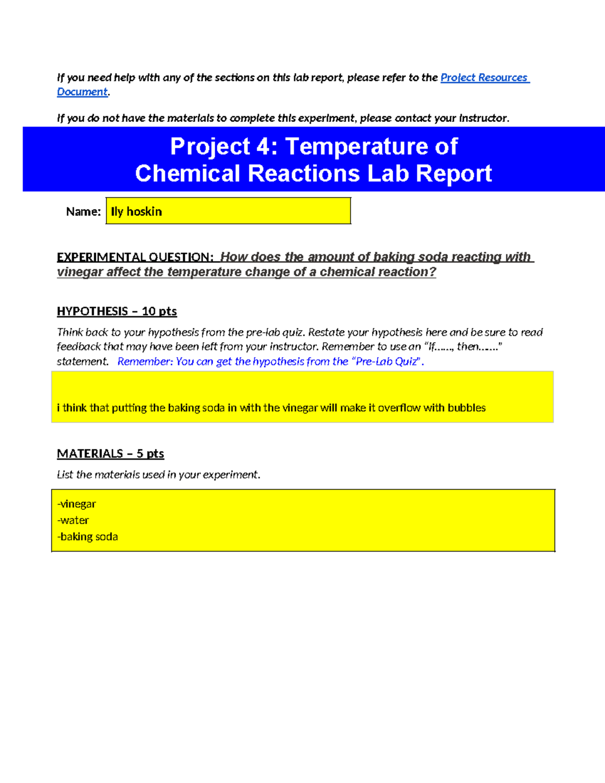 Project 4 Lab Report: Temperature Changes in Chemical Reactions - Studocu