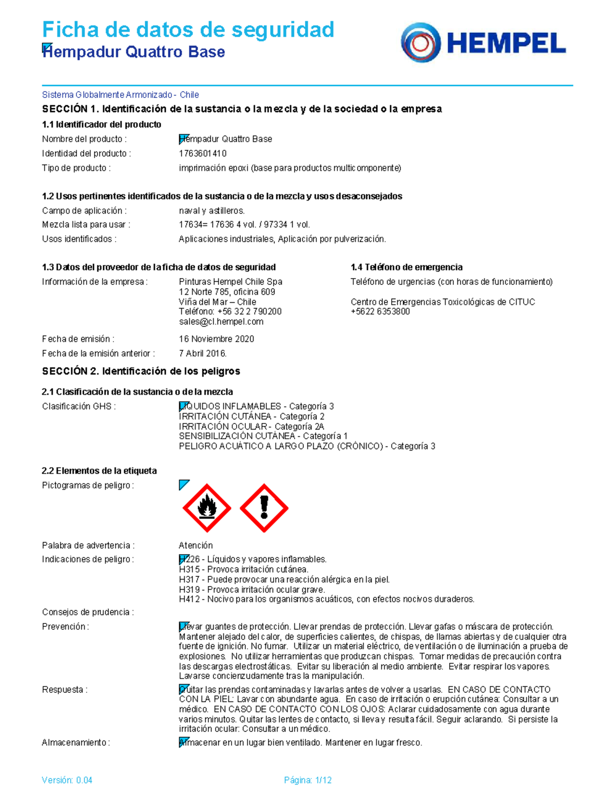 Ficha de Datos de Seguridad: Hempel Hempadur Quattro Base GHS - Studocu