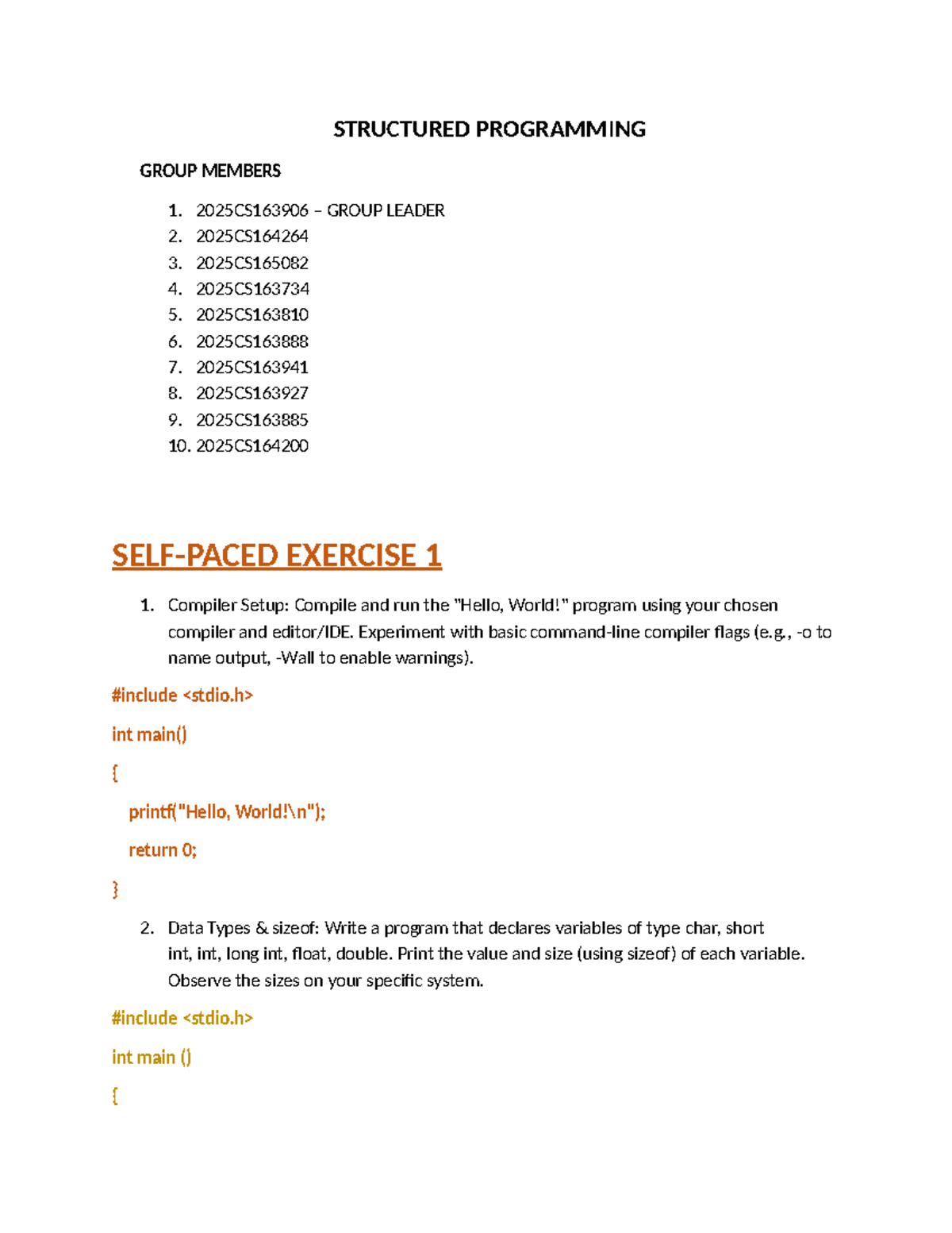 Structured Programming Group Members & Exercises - 2025CS163906 - Studocu