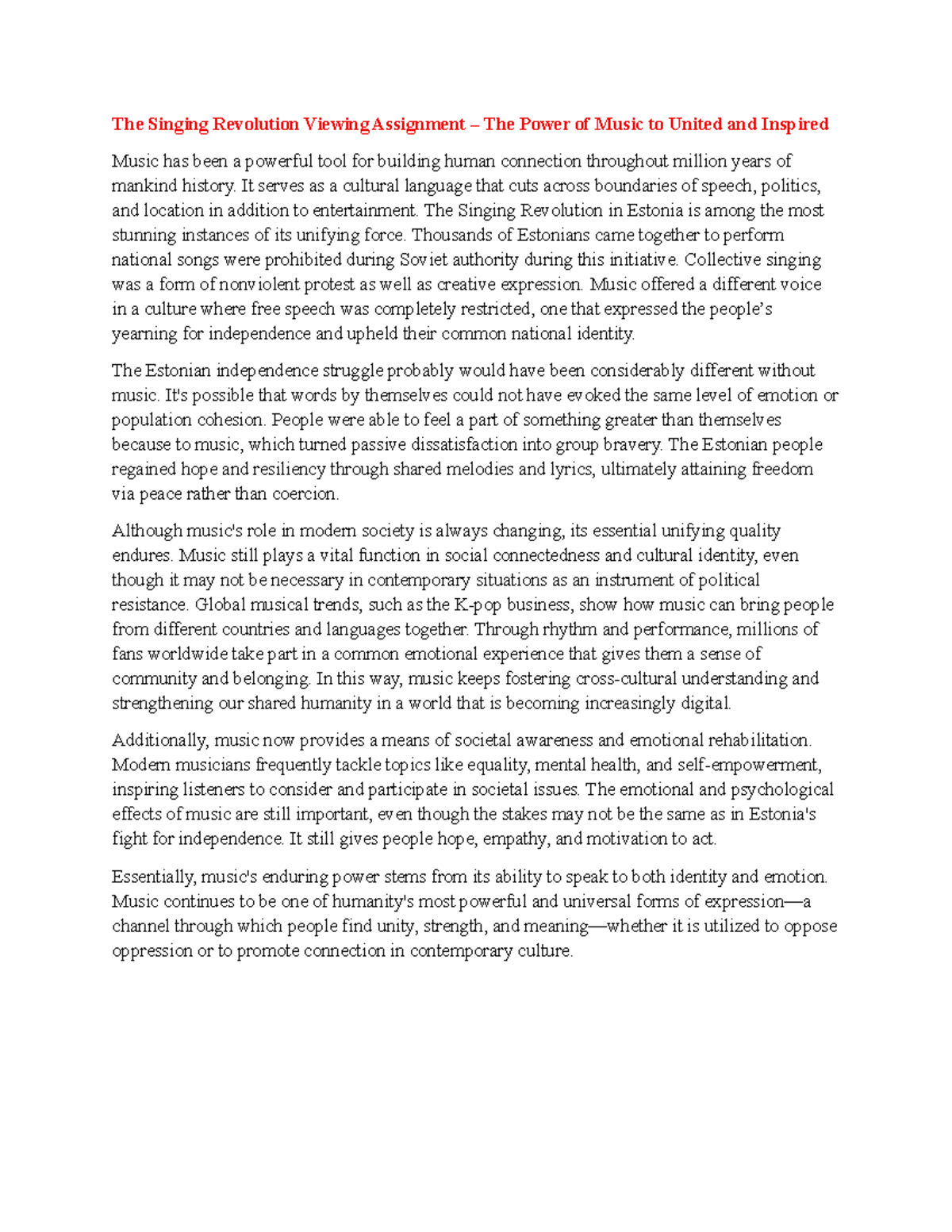 The Singing Revolution: Music's Role in Unity and Resistance - Studocu