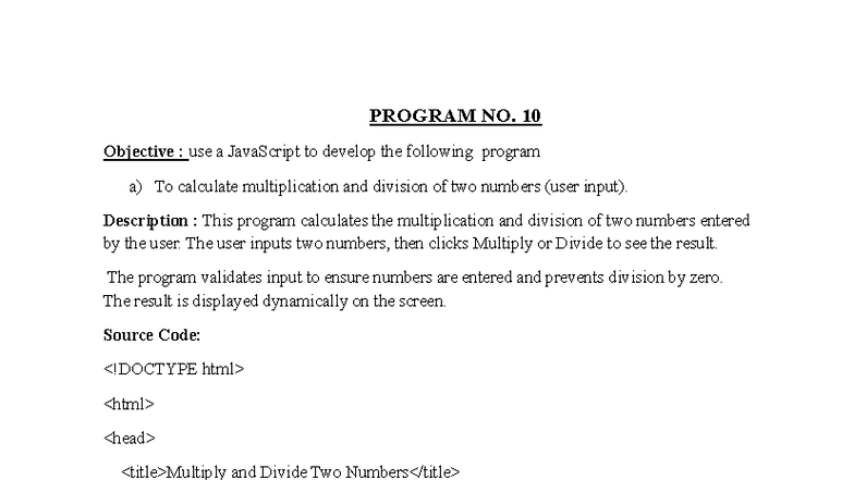 JavaScript Program No. 10: Multiplication & Division of Two Numbers ...