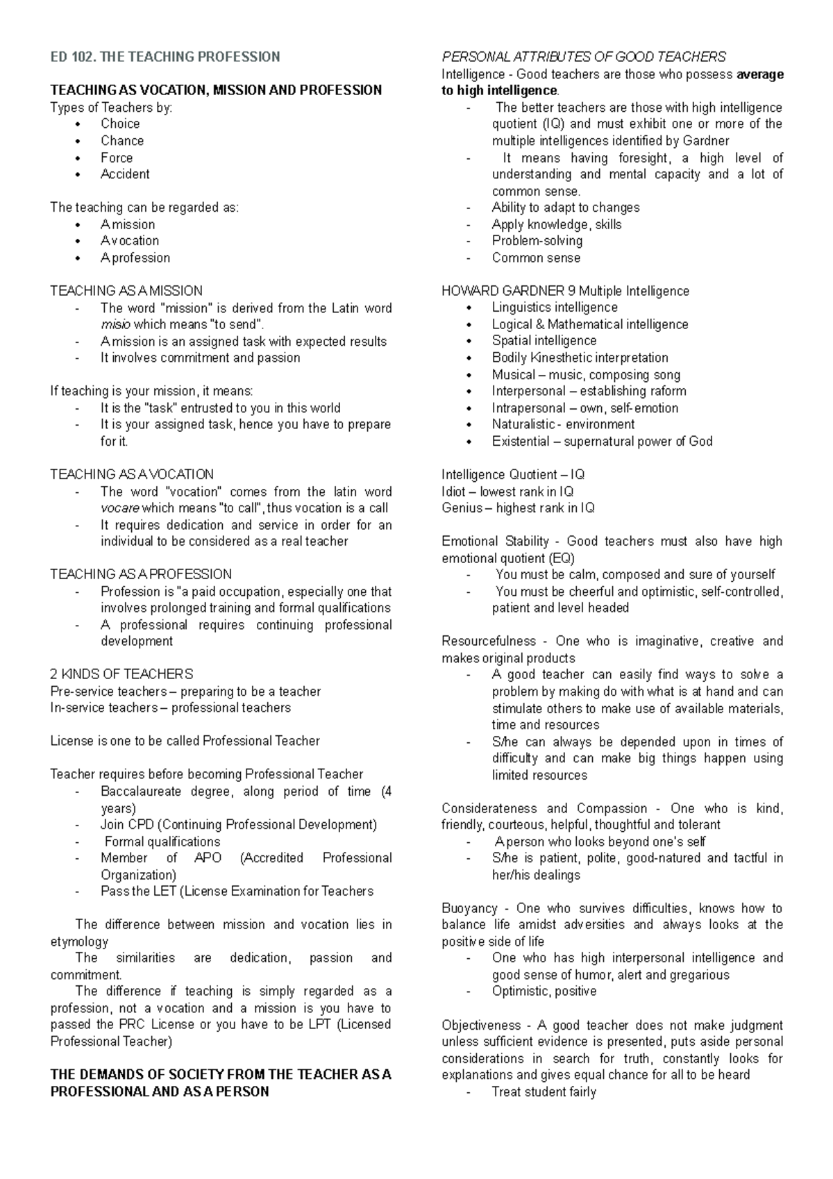 ED-102 - Midterm Review: Understanding Teaching as a Profession - Studocu