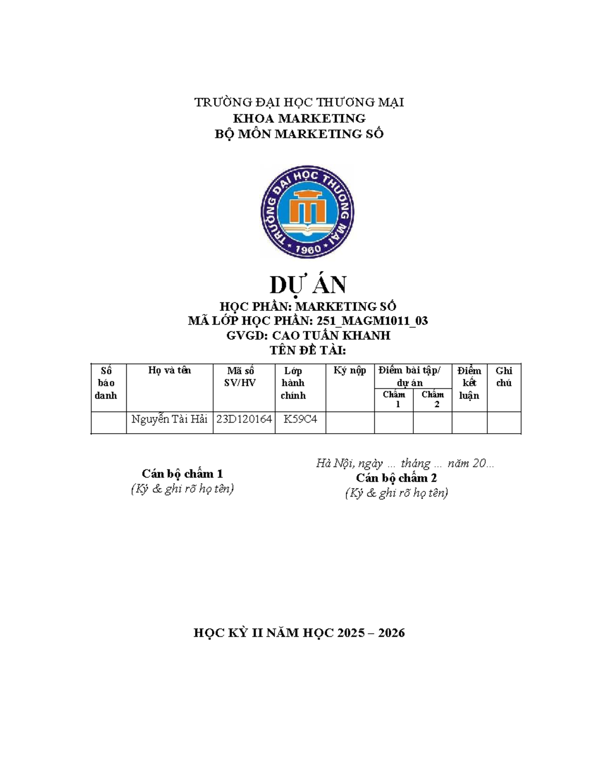 Mẫu bìa MKT số - 111111111111111 - TRƯỜNG ĐẠI HỌC THƯƠNG MẠI KHOA ...