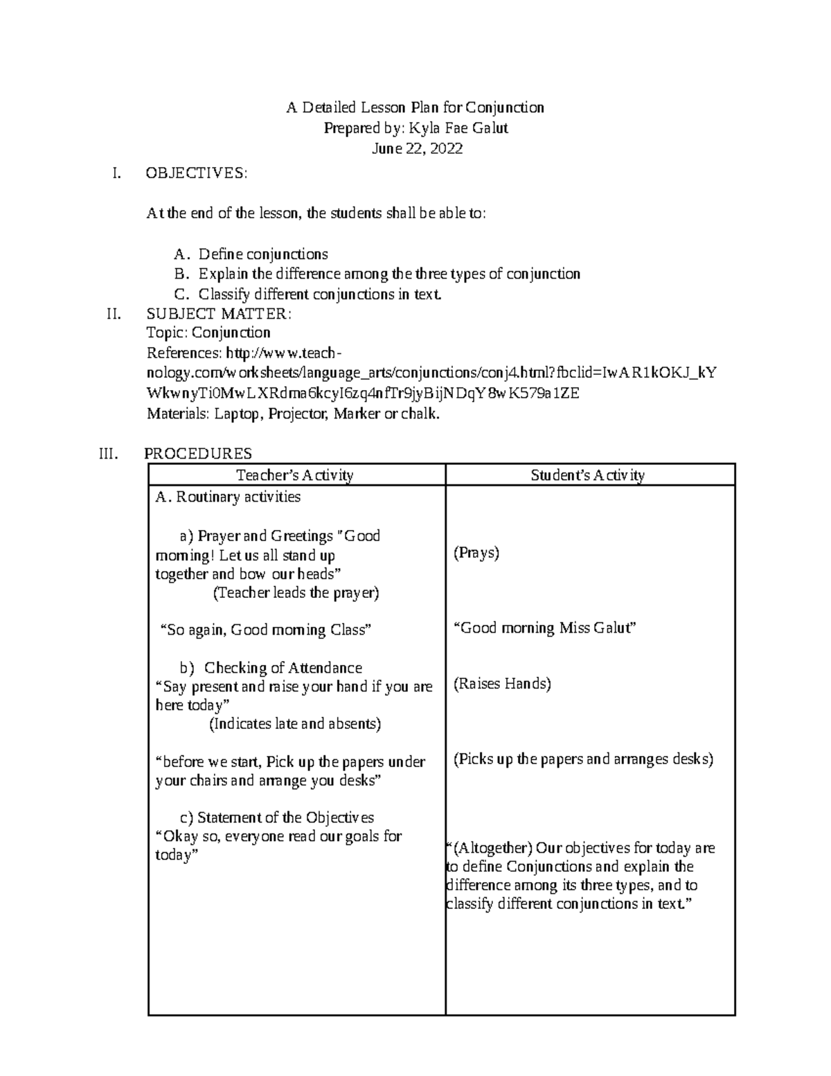 Detailed Lesson Plan on Conjunctions: Objectives & Activities Guide ...