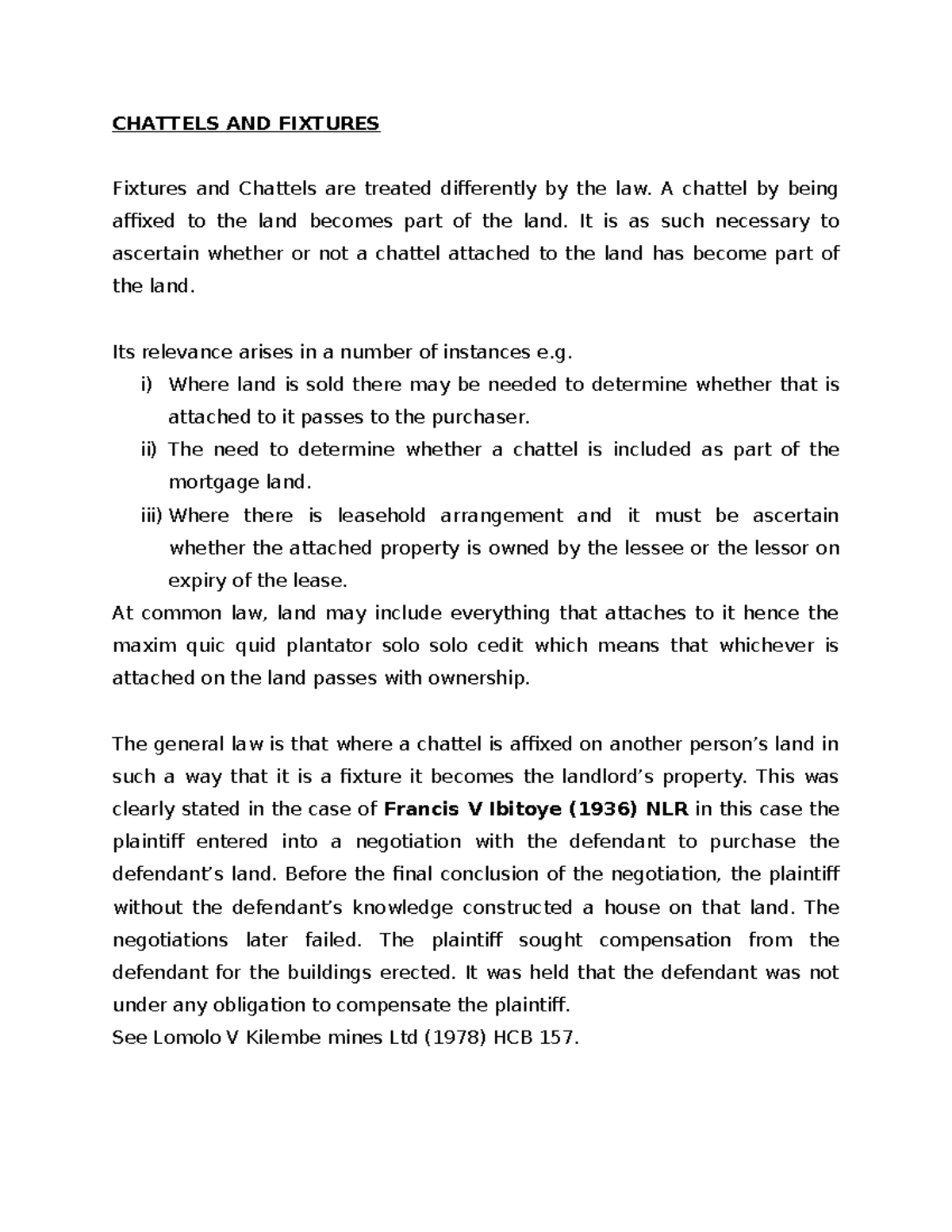Chattels vs Fixtures: Legal Distinctions and Case Studies - L2101 - Studocu