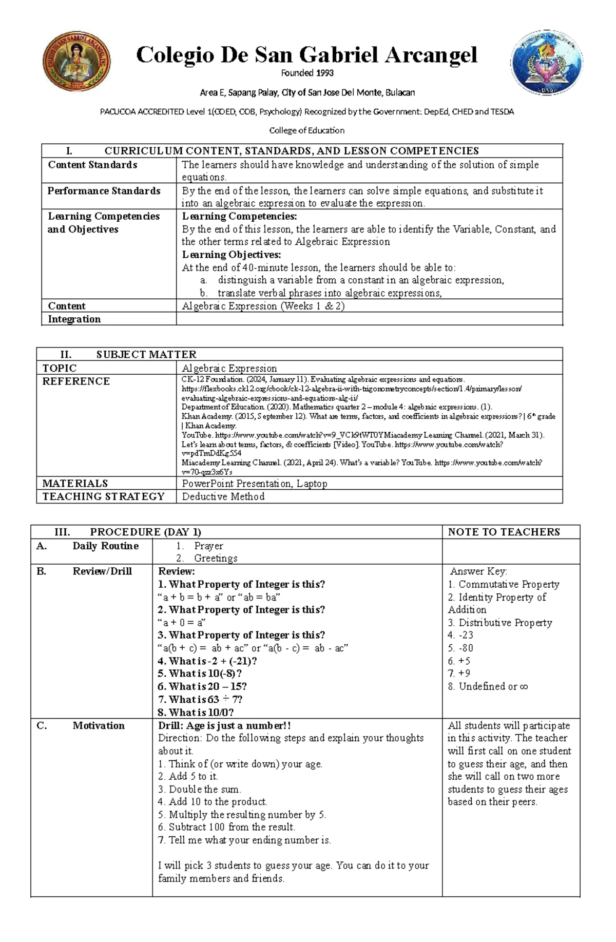 Algebraic Expression Lesson Plan (LP) Week 2: Evaluating Equations ...