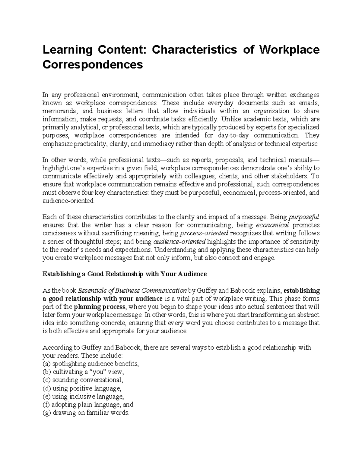 12 Characteristics of Workplace Correspondences: Effective ...