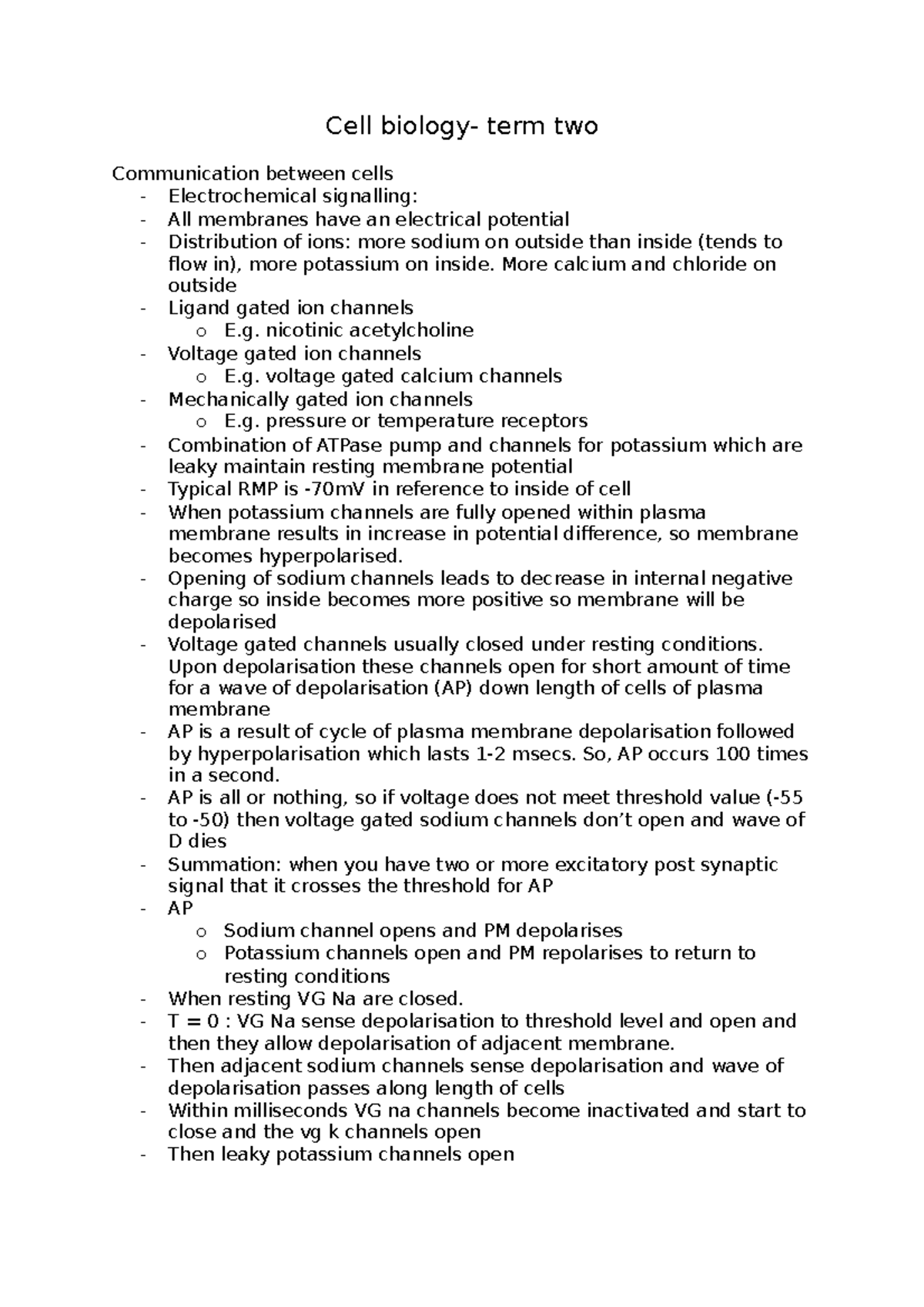 Cell biology- term two - Lecture notes Term two - Cell biology- term two Communication between ...