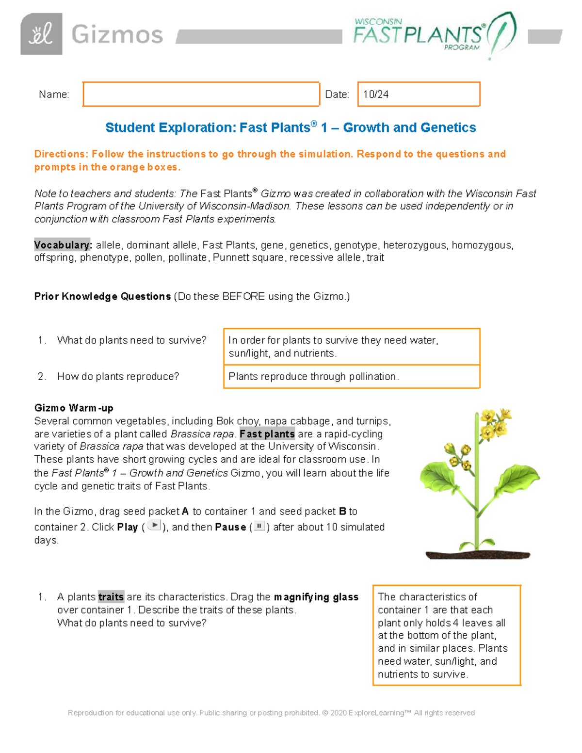 Fast Plants® 1SE: Exploring Growth & Genetics through Simulation - Studocu
