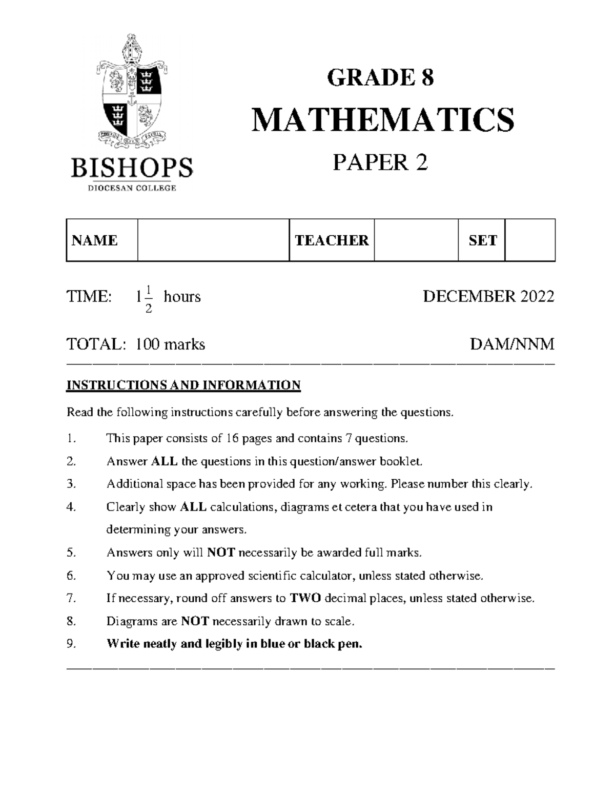 GRADE 8 MATHEMATICS PAPER 2 DECEMBER 2022 - SET 1 - Studocu
