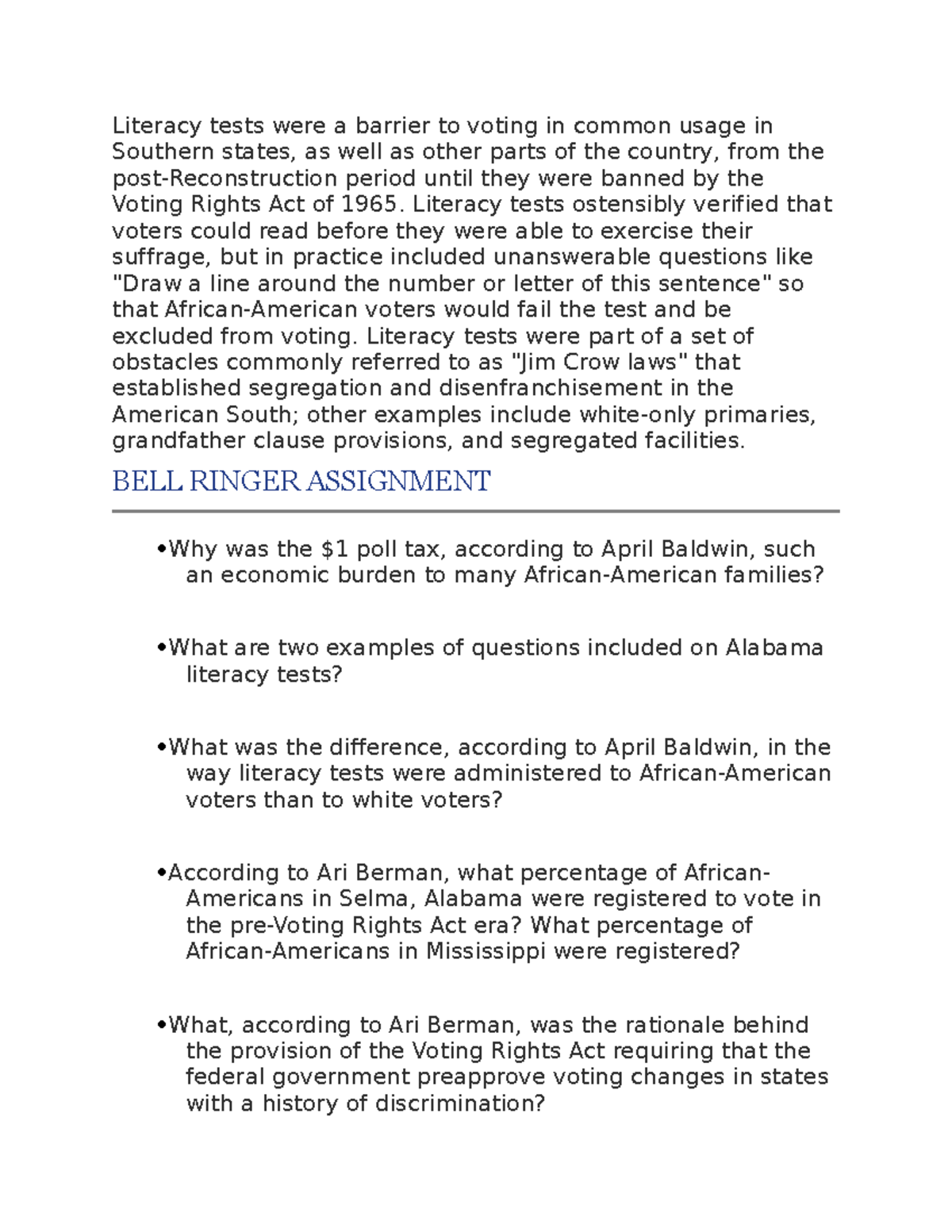 Reconstruction Era: Voting Rights and Literacy Tests Analysis - Studocu