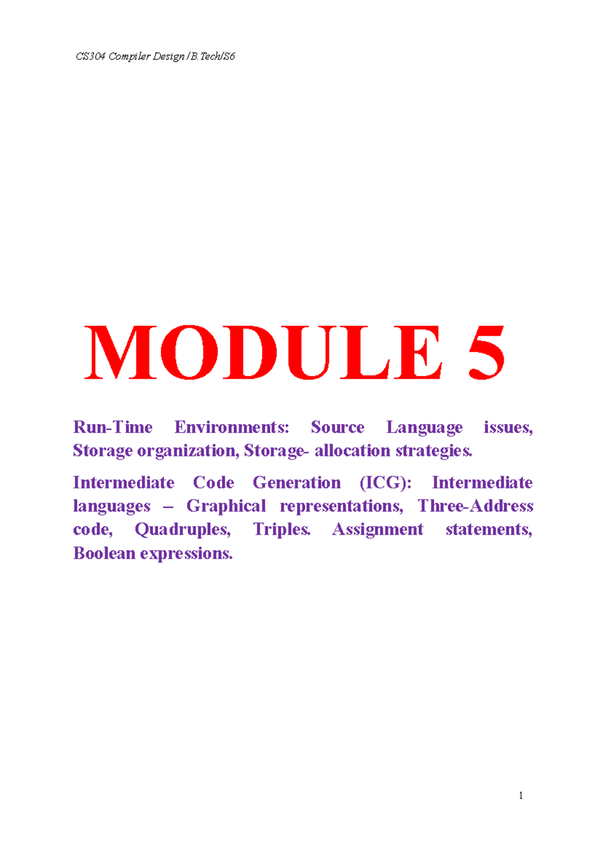 Module 5 - CS304 Compiler Design: Run-Time Environments & ICG Notes ...