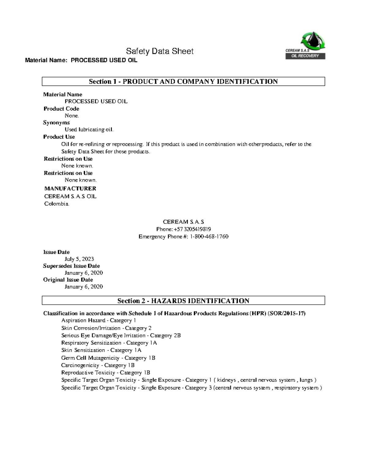 Safety Data Sheet: Processed Used Oil (SDS) - Studocu