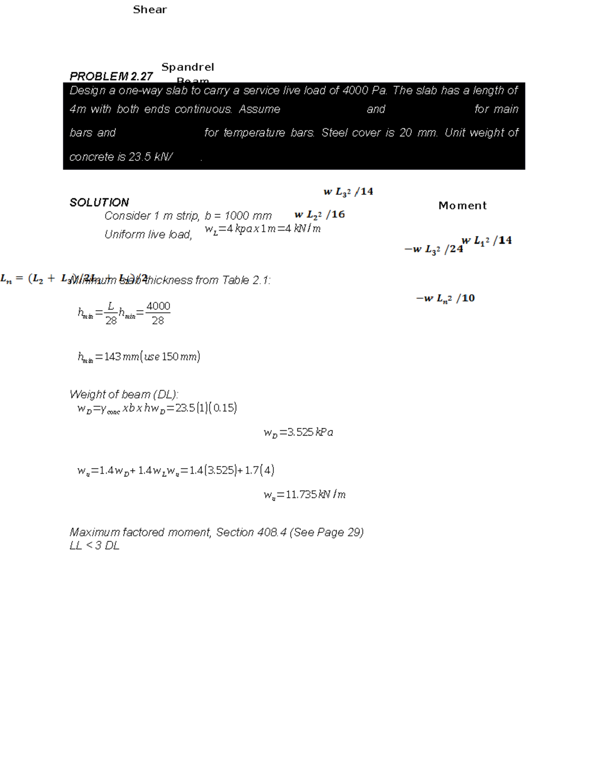 One Way Slab Design for Shear Spandrel Problem 2.27 - Studocu