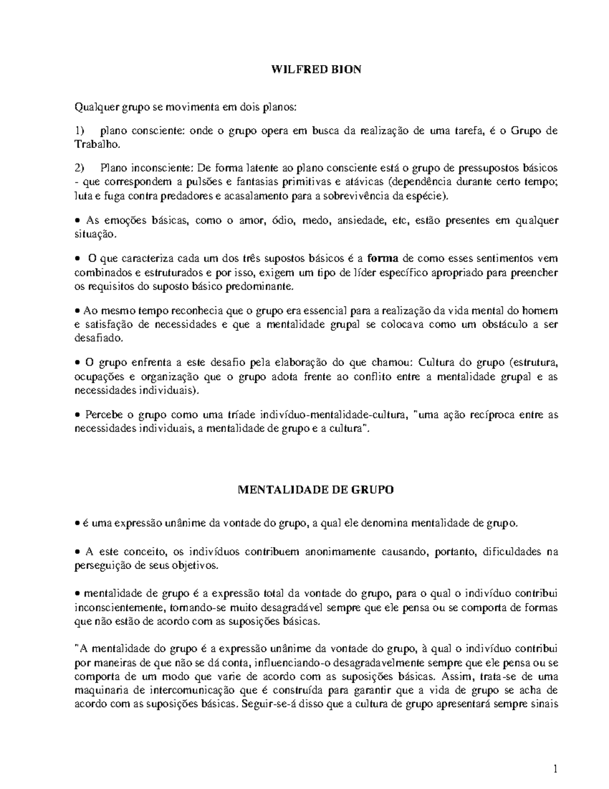 Resumo sobre a Teoria de Grupos de Wilfred Bion (Psicologia) - Studocu