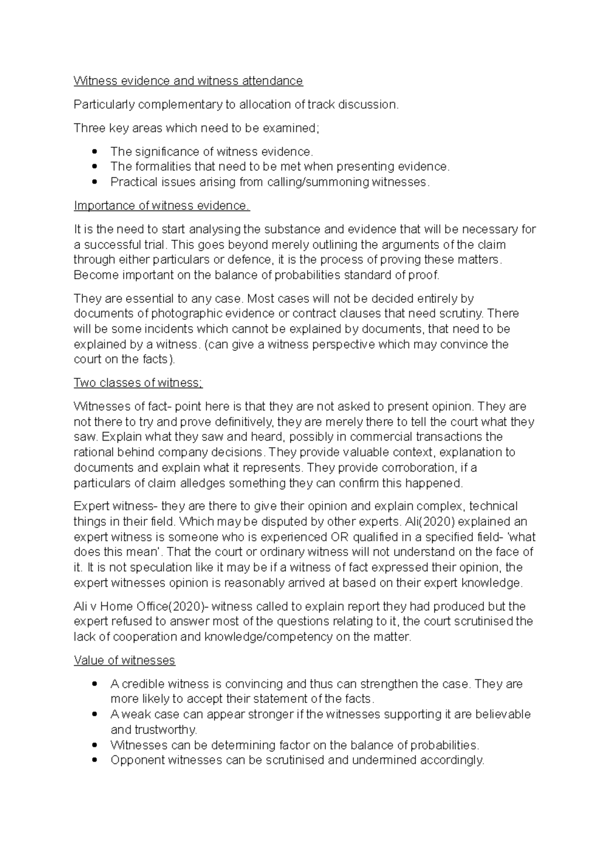 Legal Guidelines on Witness Evidence and Attendance Notes - Studocu