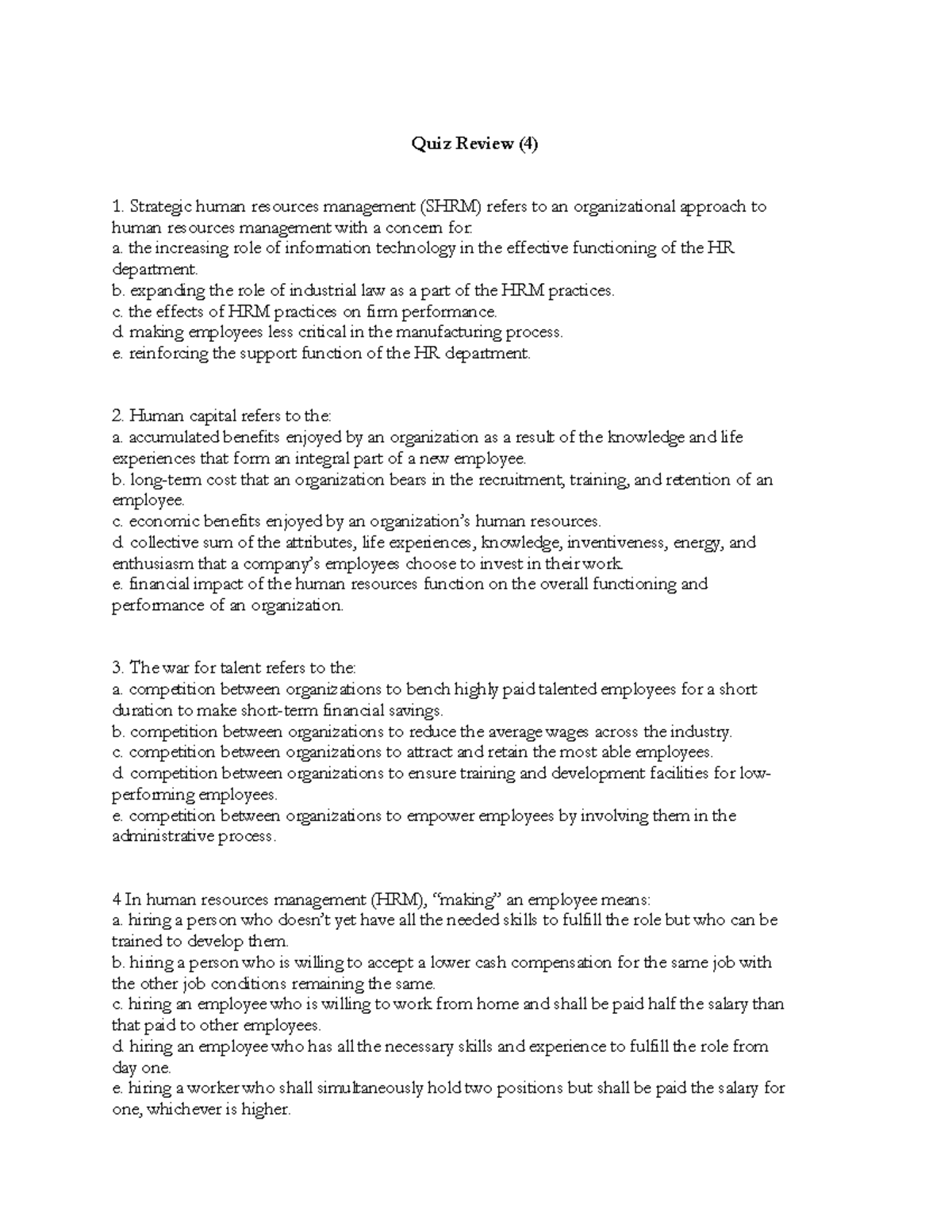 Quiz Review - lecrture - Quiz Review (4) Strategic human resources ...