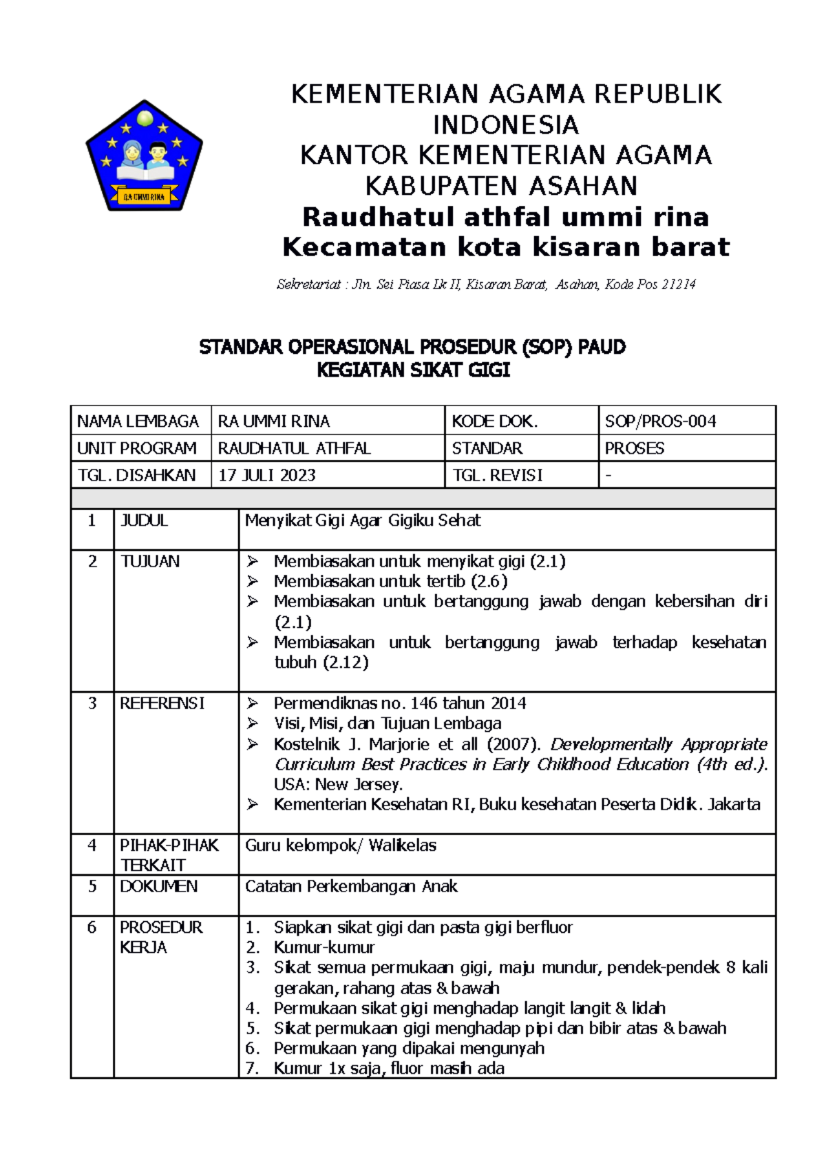 SOP PAUD: Kegiatan Sikat Gigi di Raudhatul Athfal Ummi Rina - Studocu