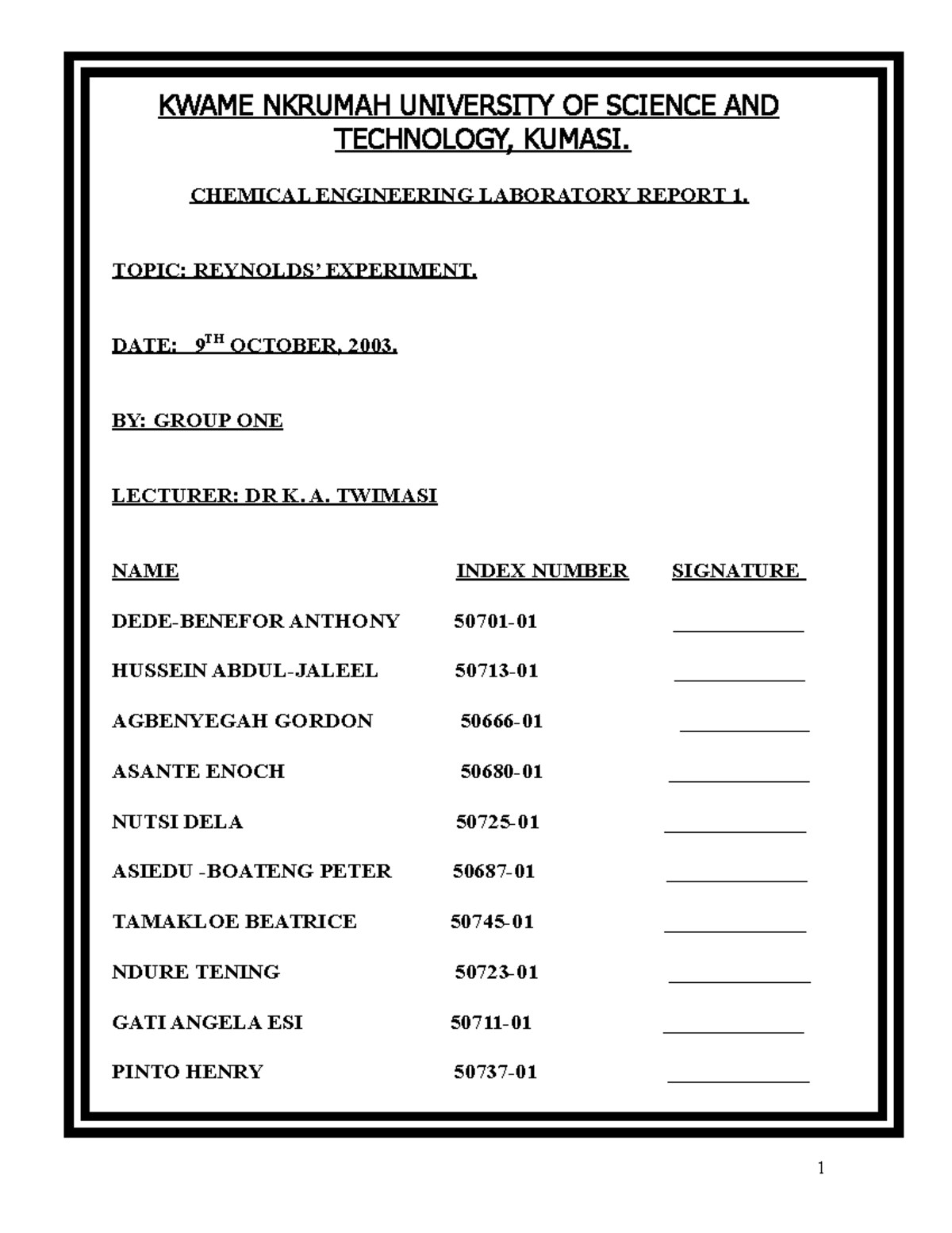 Reynolds Number Experiment Report for CHE 101: Lab 1 - Studocu