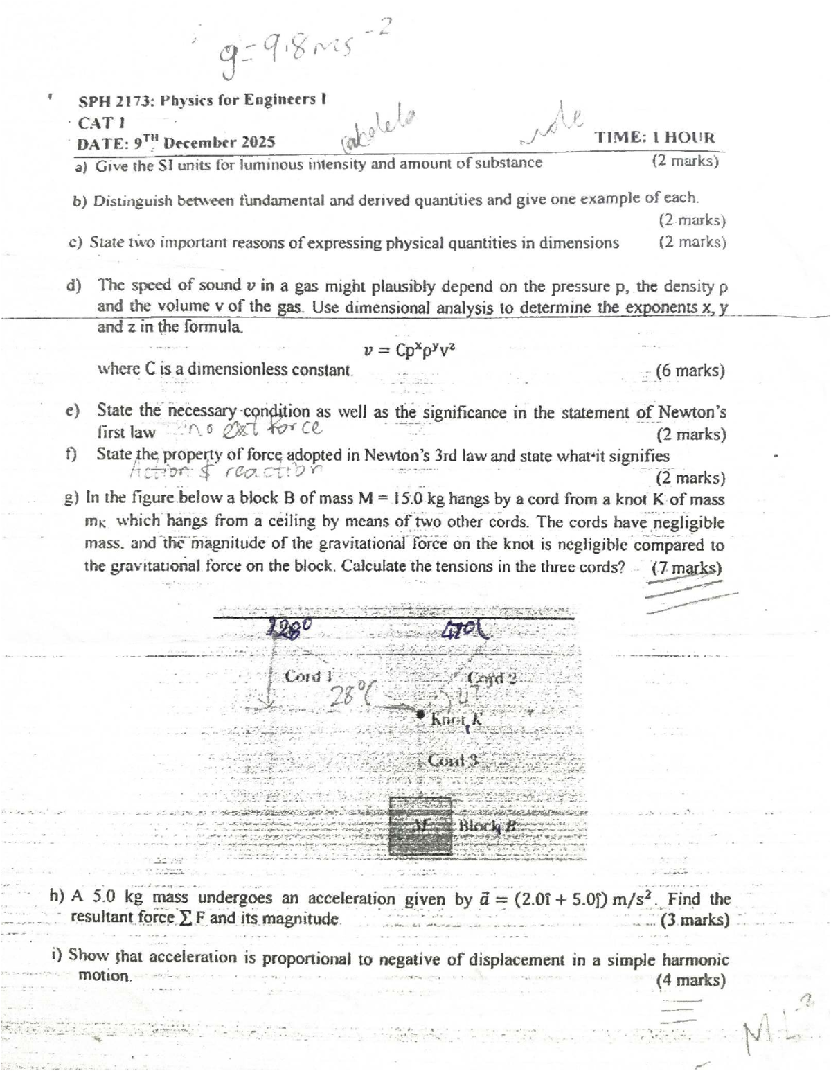 SPH 2173: Physics for Engineers I CAT 1 Exam - 9th Dec 2025 - Studocu