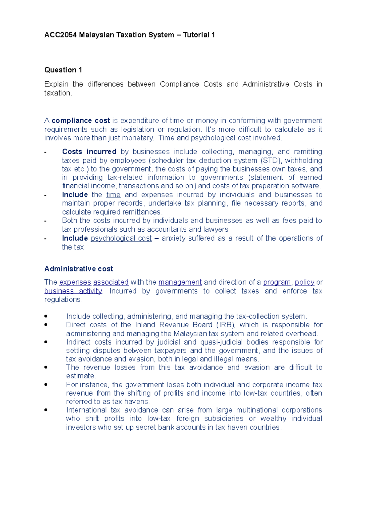ACC2054 Malaysian Taxation System - Tutorial 1 Questions & Insights - Studocu