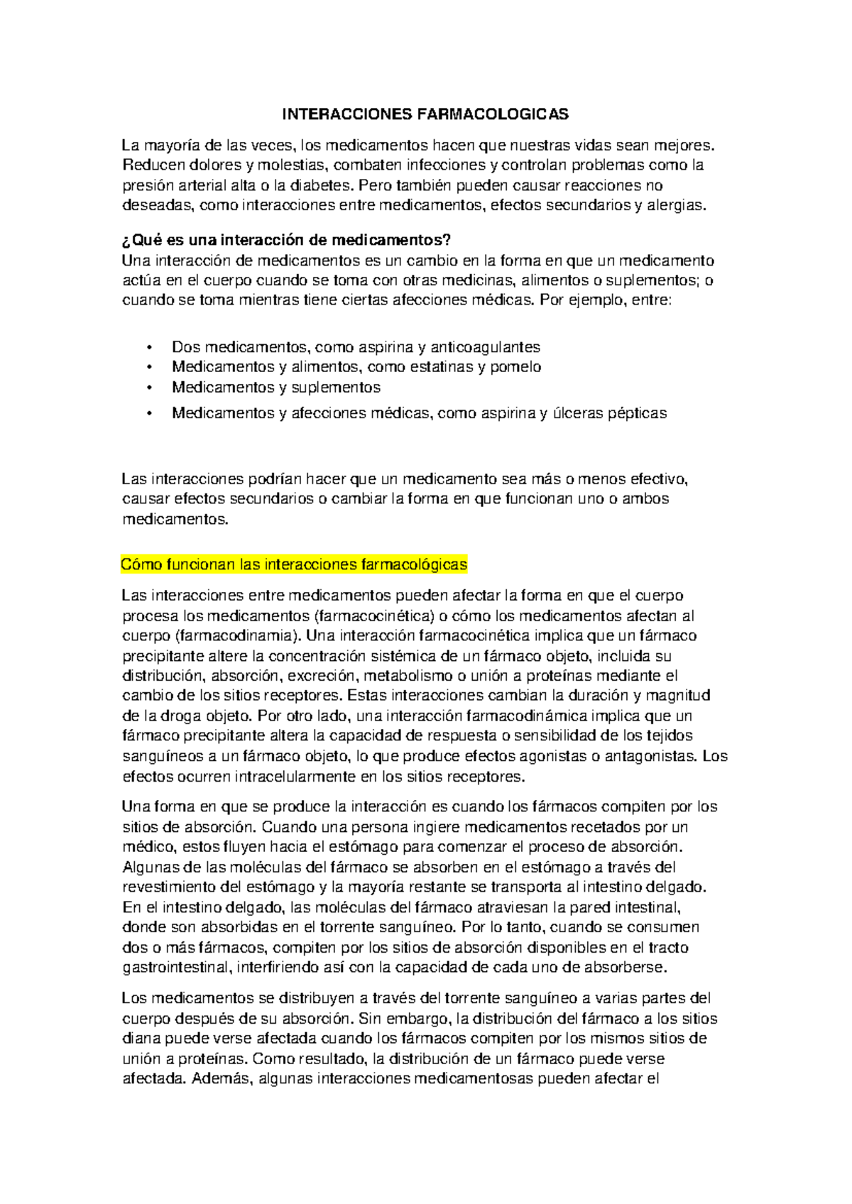 Interacciones Farmacologicas - INTERACCIONES FARMACOLOGICAS La mayoría ...