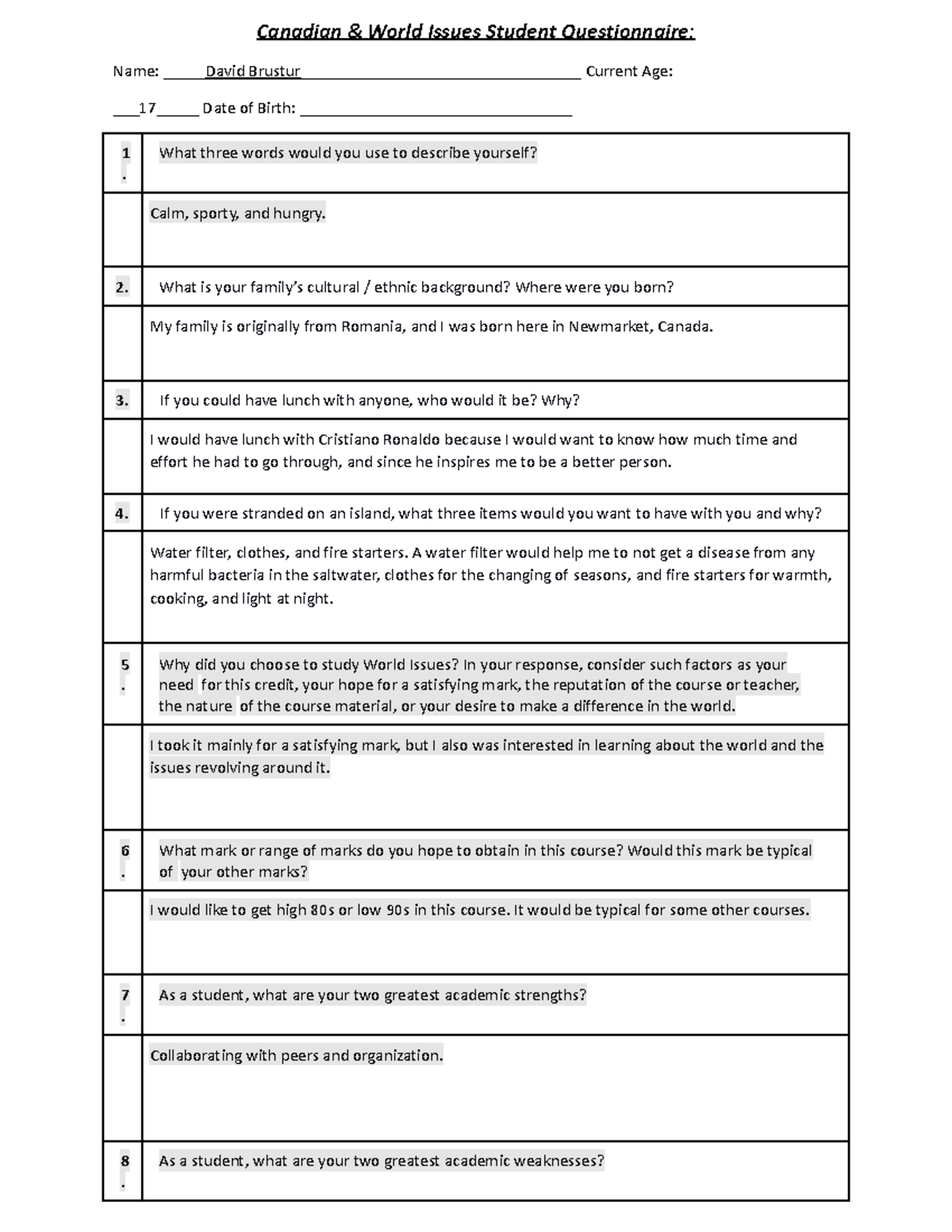 Canadian & World Issues Student Questionnaire Insights - Studocu