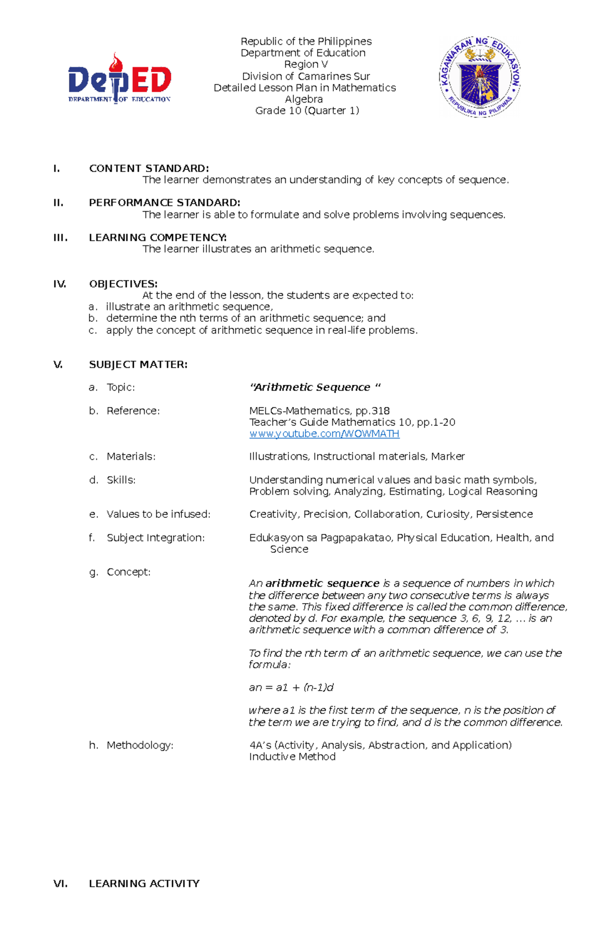 Detailed Lesson Plan: Arithmetic Sequence in Math 10 - Studocu