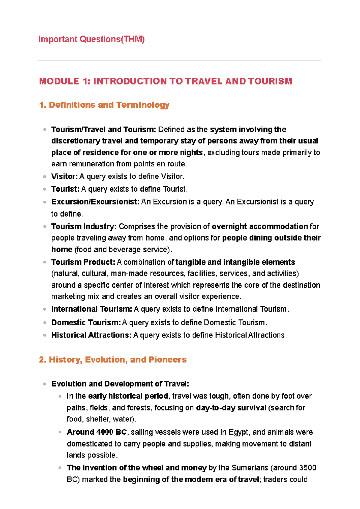 Important Questions (THM) - Module 1: Intro to Travel & Tourism - Studocu