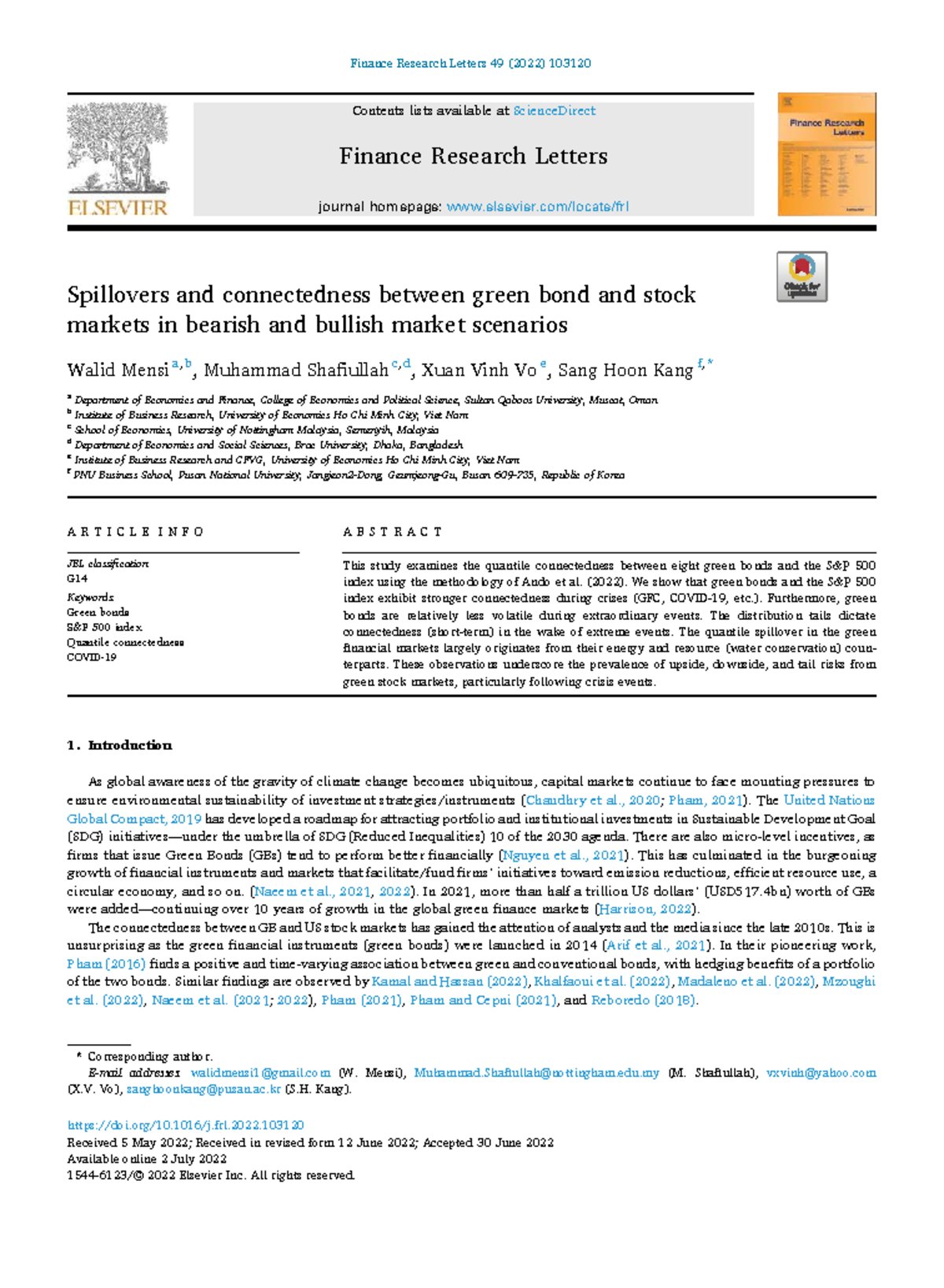 Connectedness Analysis of Green Bonds and Stock Markets (FIN 2022 ...