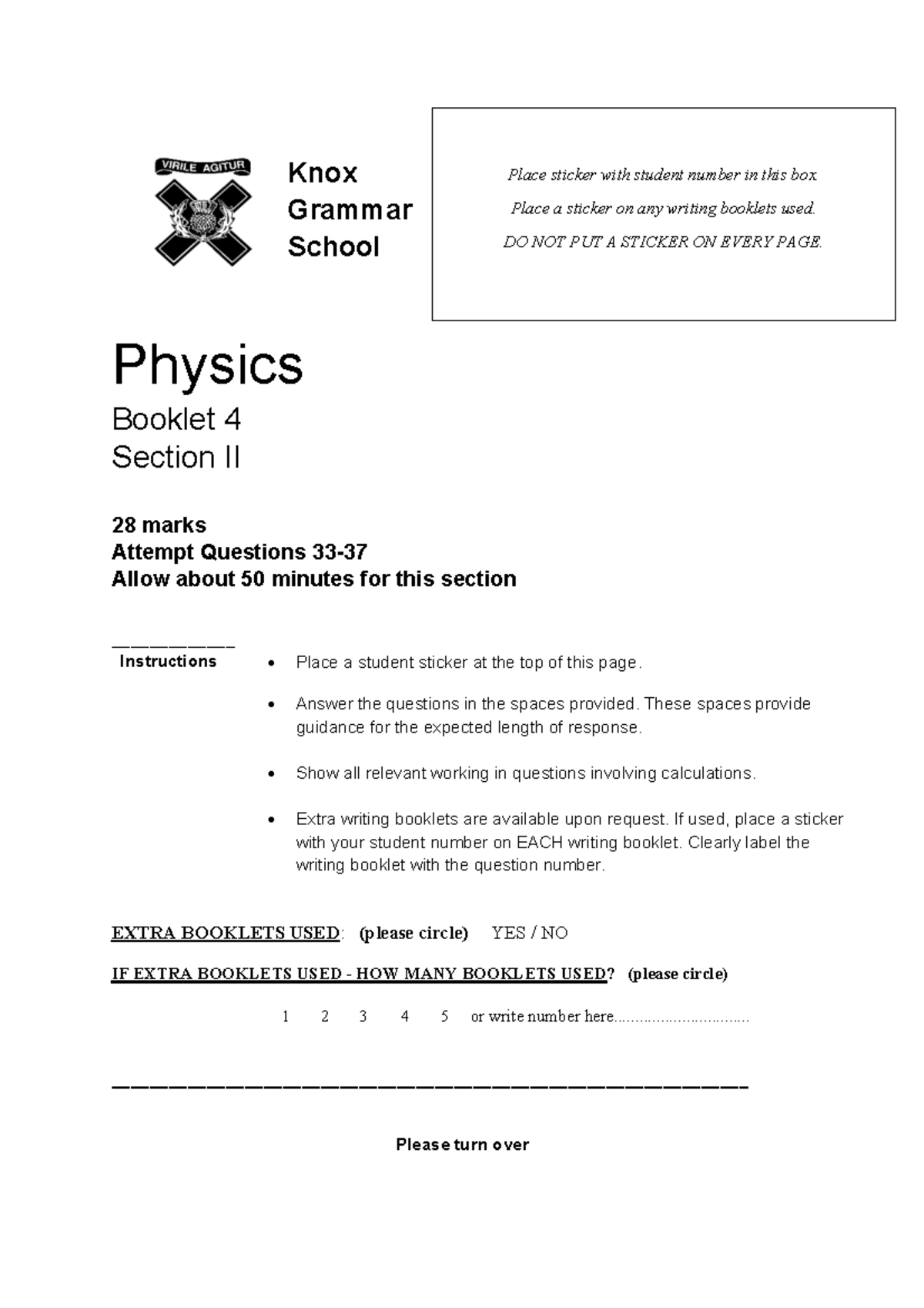 2024 12 Phys Trial Exam Booklet 4: Student Sticker Instructions ...