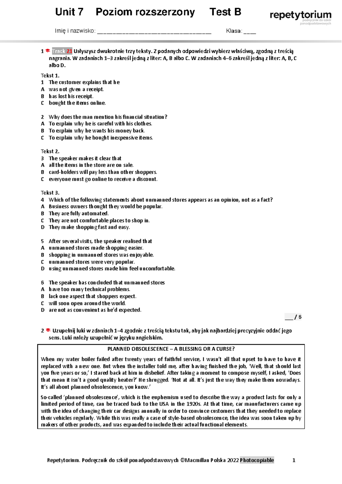 U7 Extended Level Test B - Listening and Comprehension Exercises - Studocu