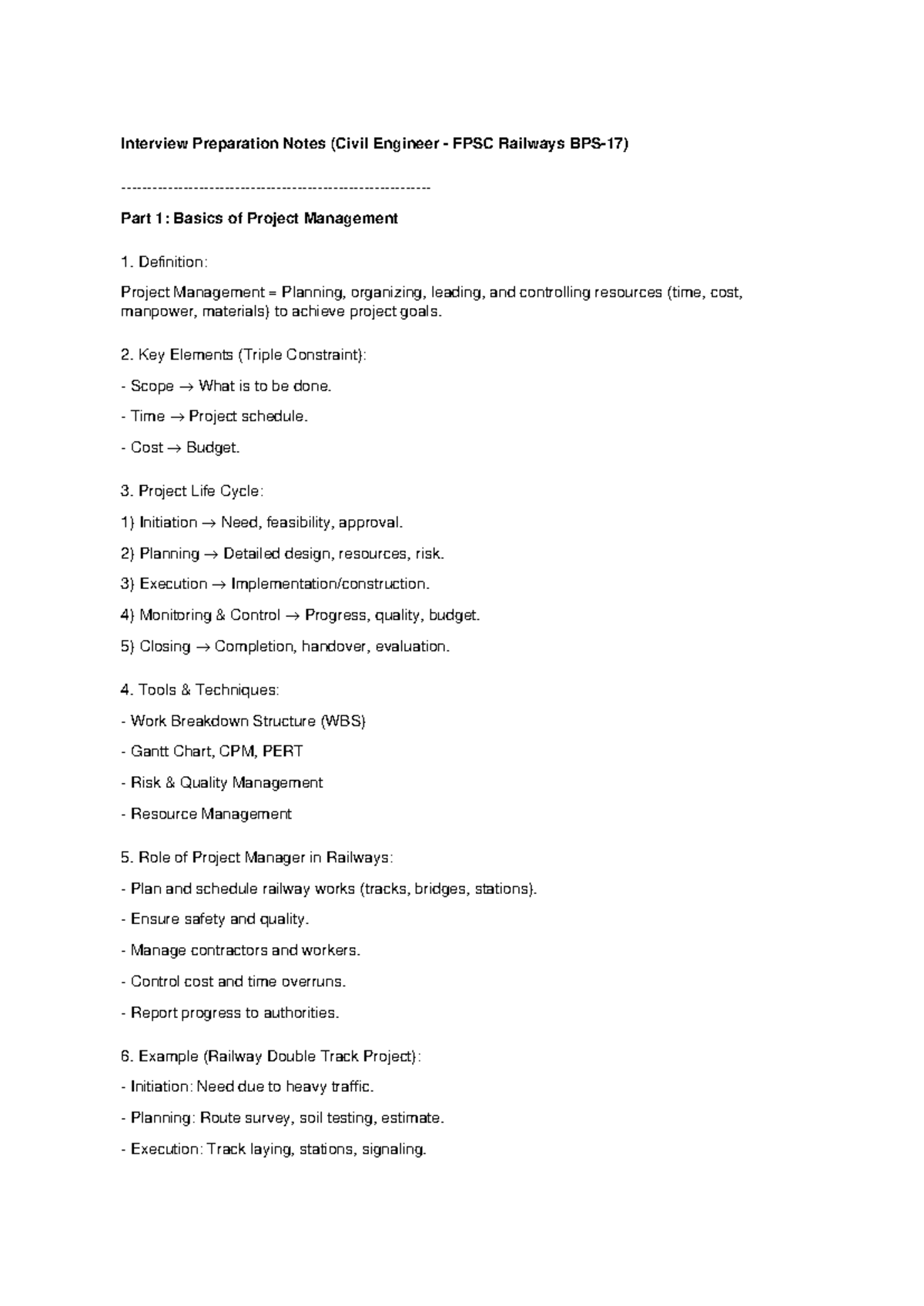 Interview Preparation Notes (Civil Engineer FPSC: Project Management ...