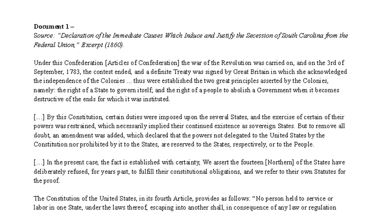 Secession Documents: Immediate Causes of South Carolina's Secession ...