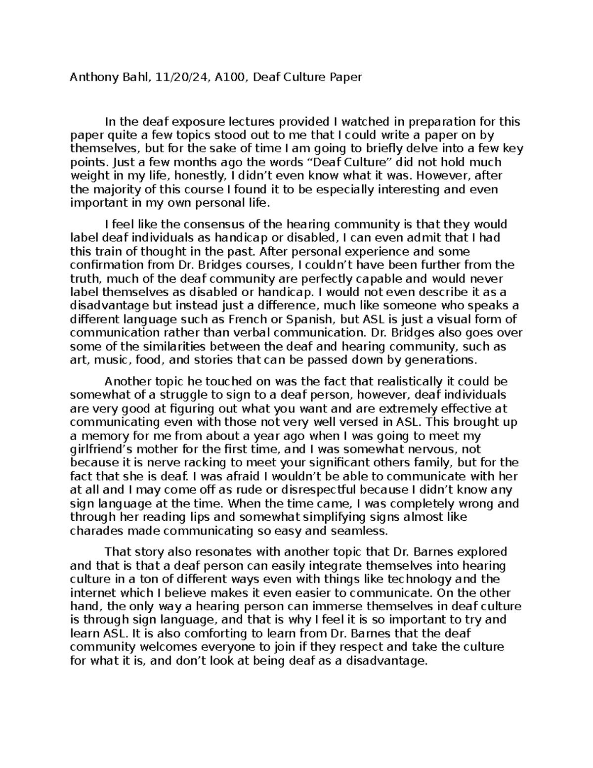 Deaf culture paper - notes and suhc - Anthony Bahl, 11/20/24, A100 ...