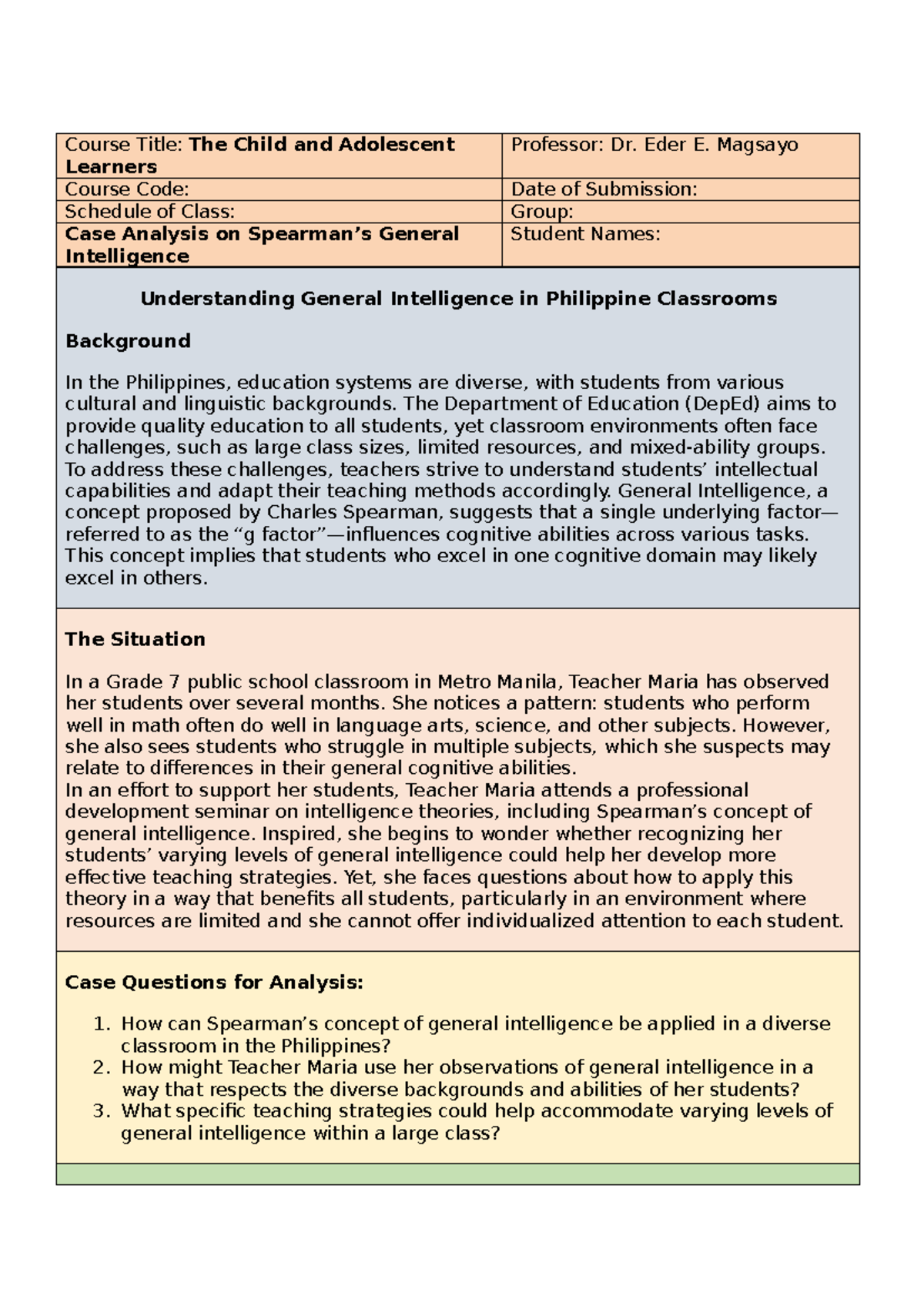 Case Analysis on General Intelligence in Philippine Classrooms (EDUC ...