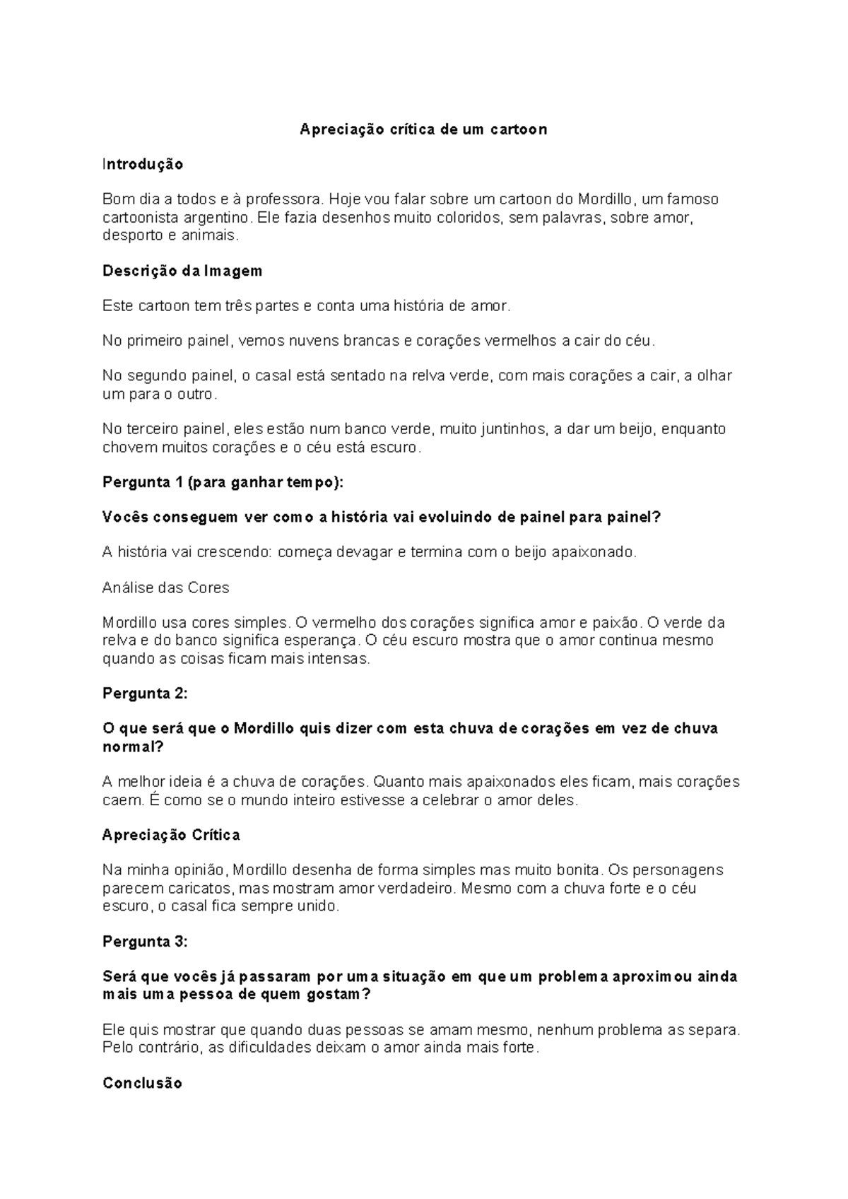 Apreciação Crítica do Cartoon de Mordillo: Amor e Cores - Studocu