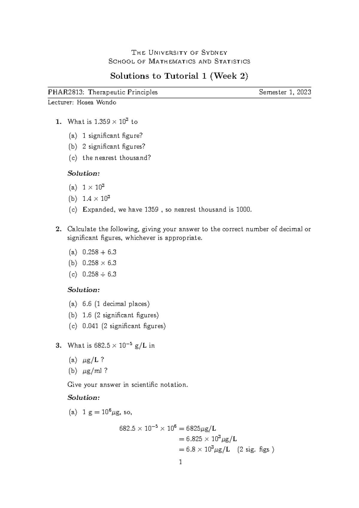 Tutorial 1Solutions-1 - The University of Sydney School of Mathematics ...