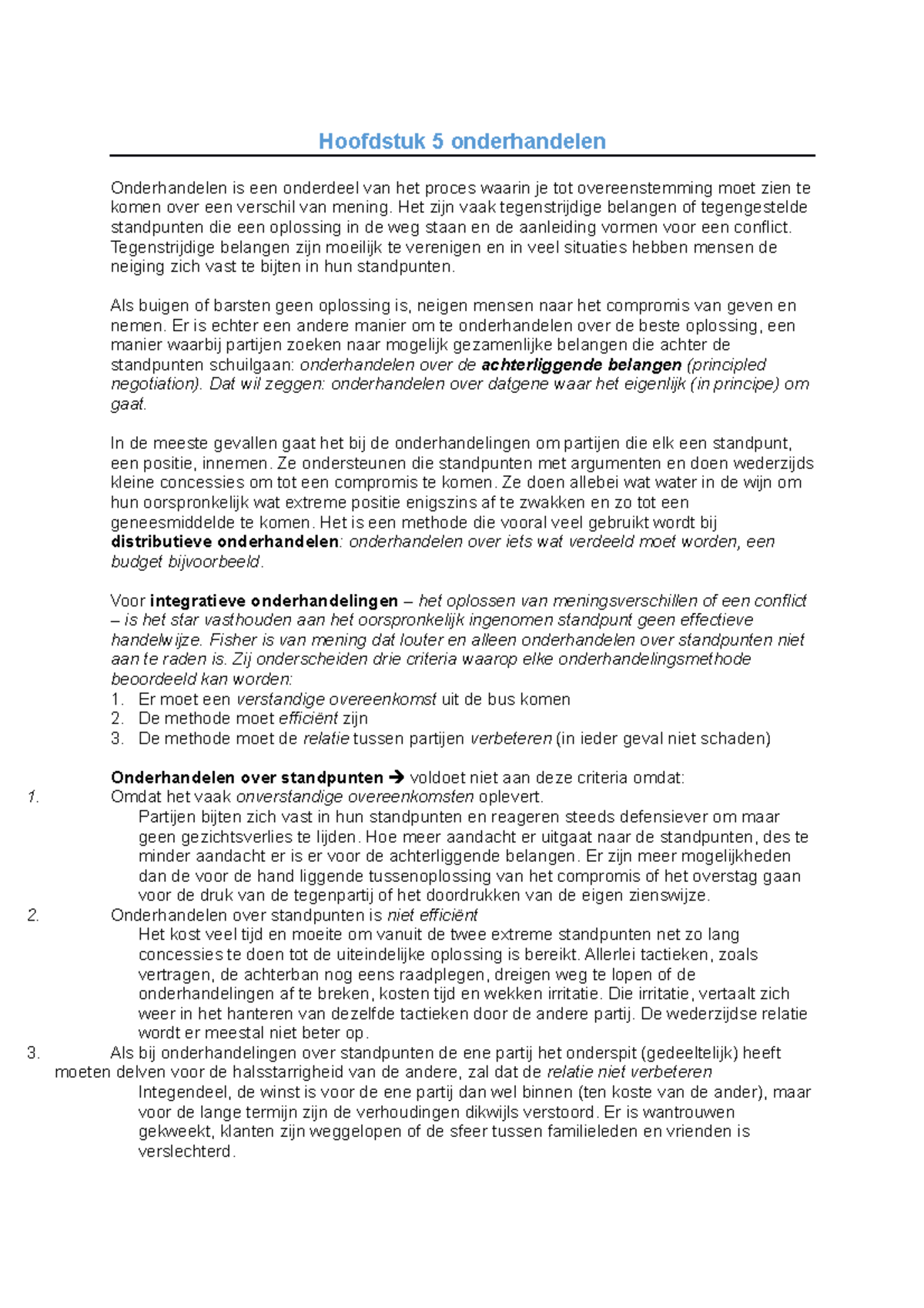 Hoofdstuk 5: Onderhandelen en de Harvard-methode voor Succes - Studeersnel