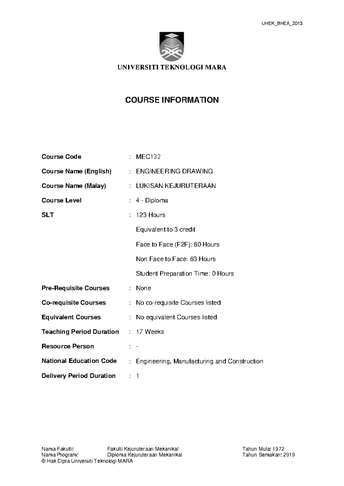MEC132 Engineering Drawing Course Overview and Learning Outcomes - Studocu