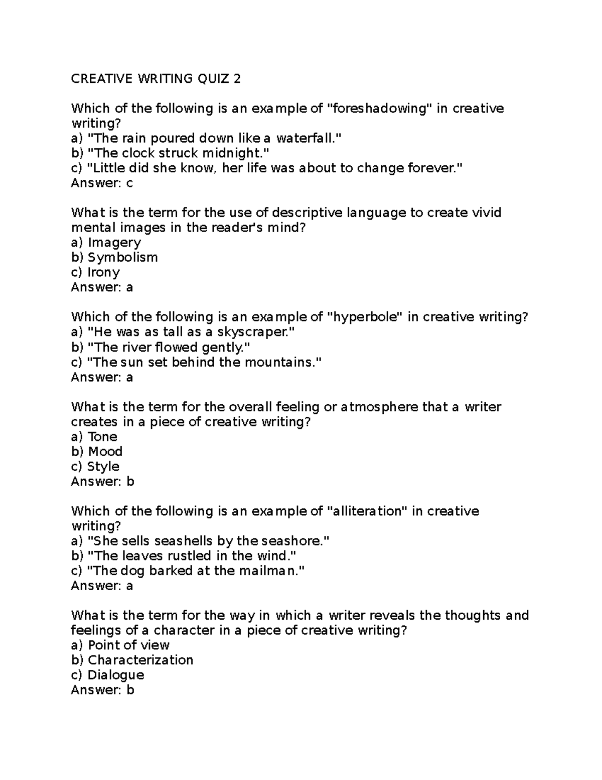 Creative Writing QUIZ 2 - CREATIVE WRITING QUIZ 2 Which of the ...