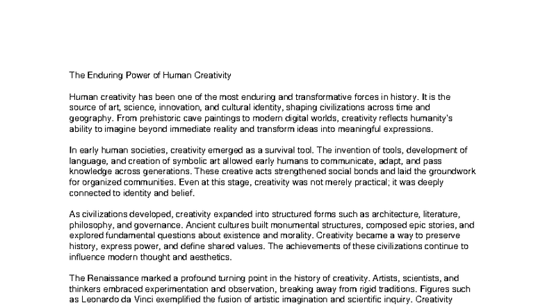 The Enduring Power of Human Creativity: A Historical Perspective - Studocu