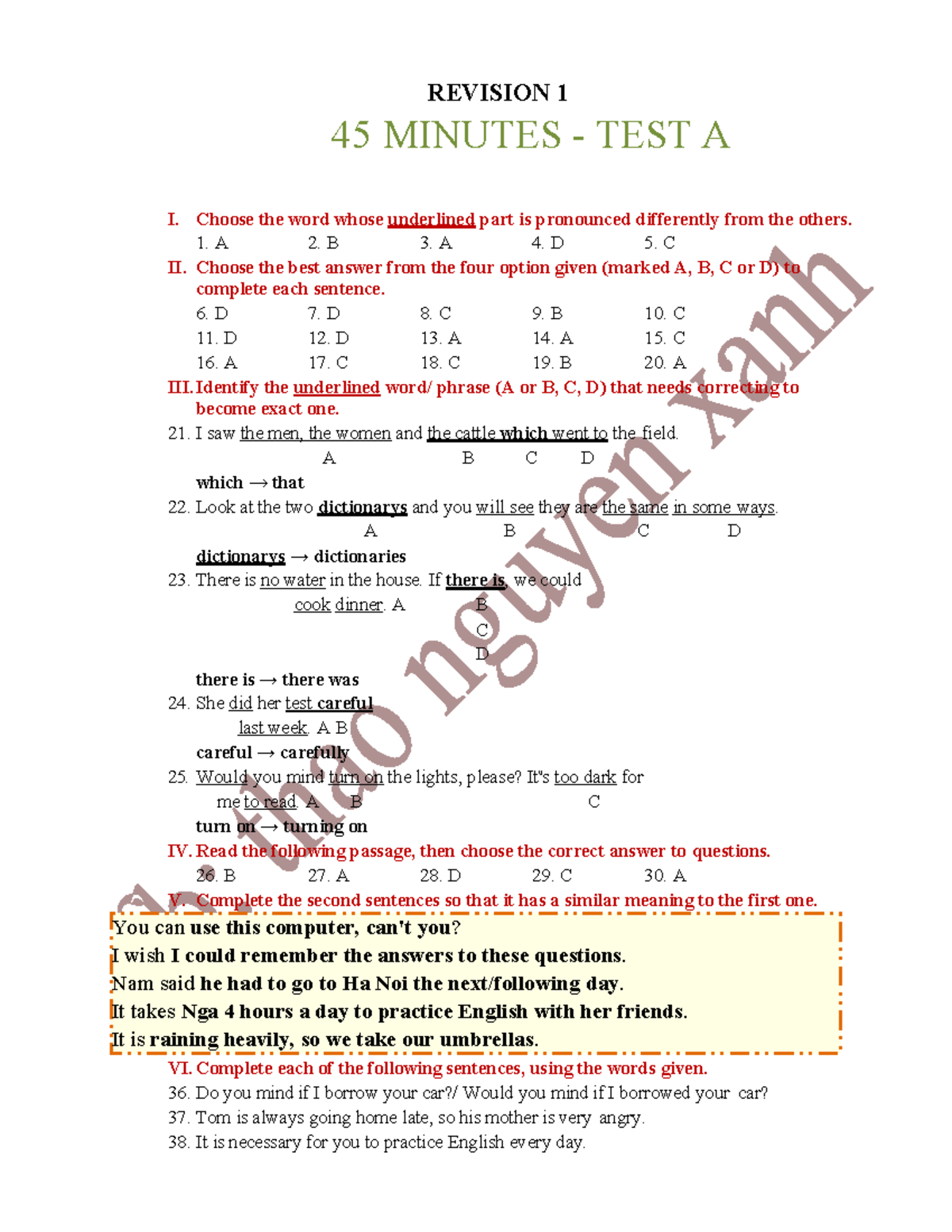 Revision 1 - 45 Minute Test Key for YOPO.VN - Studocu