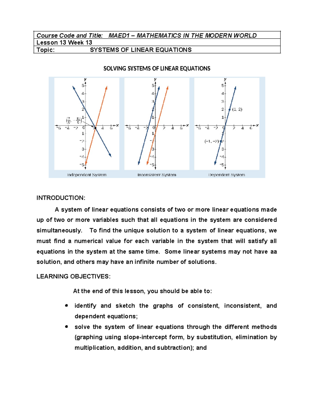 MAED1 MMW Lesson 13: Solving Systems of Linear Equations - Studocu