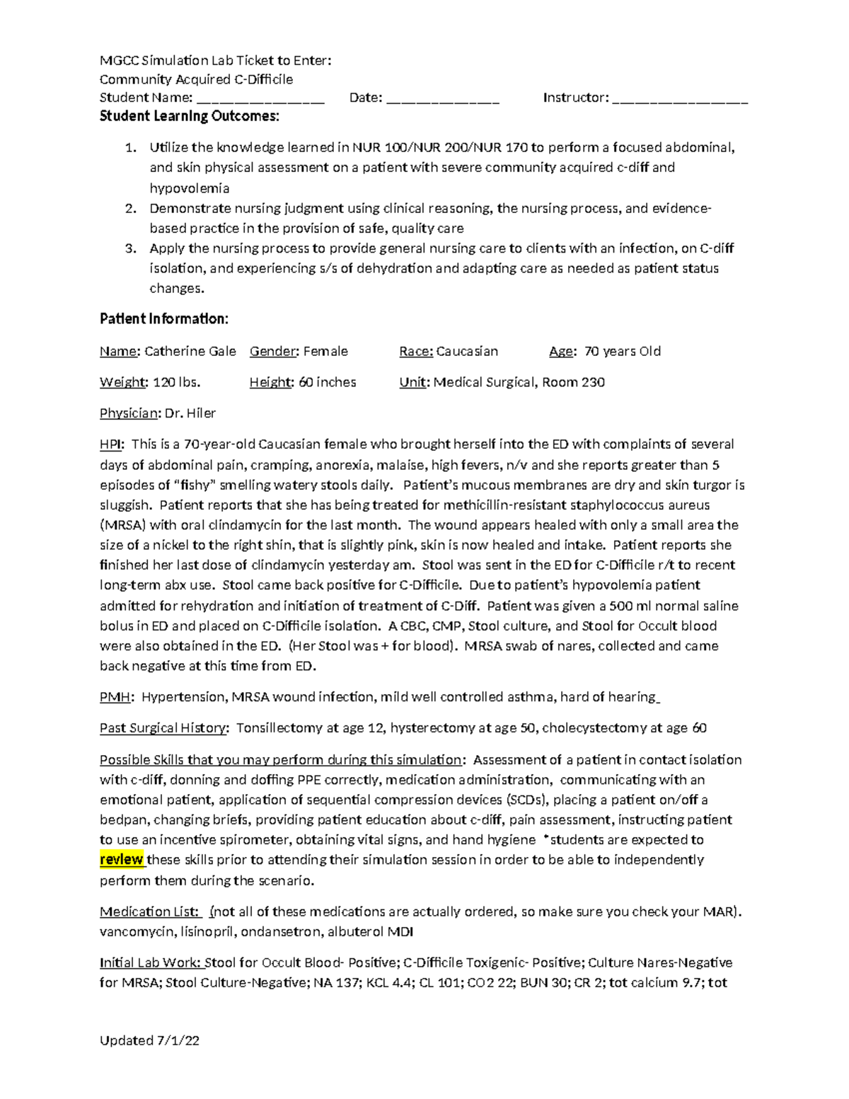 MGCC NUR 170 Simulation Lab Ticket: C-Diff Patient Assessment - Studocu