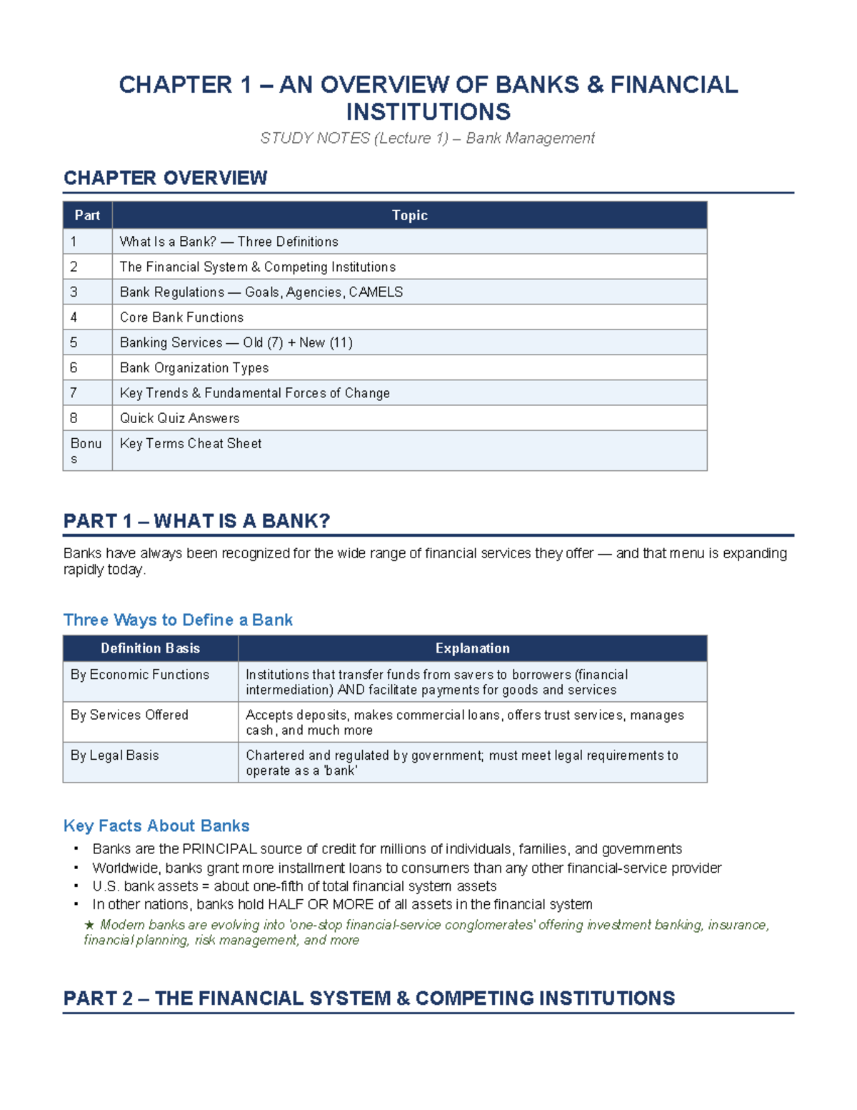 Chapter 1 Overview of Banks: Study Notes for Bank Management (Lecture 1 ...